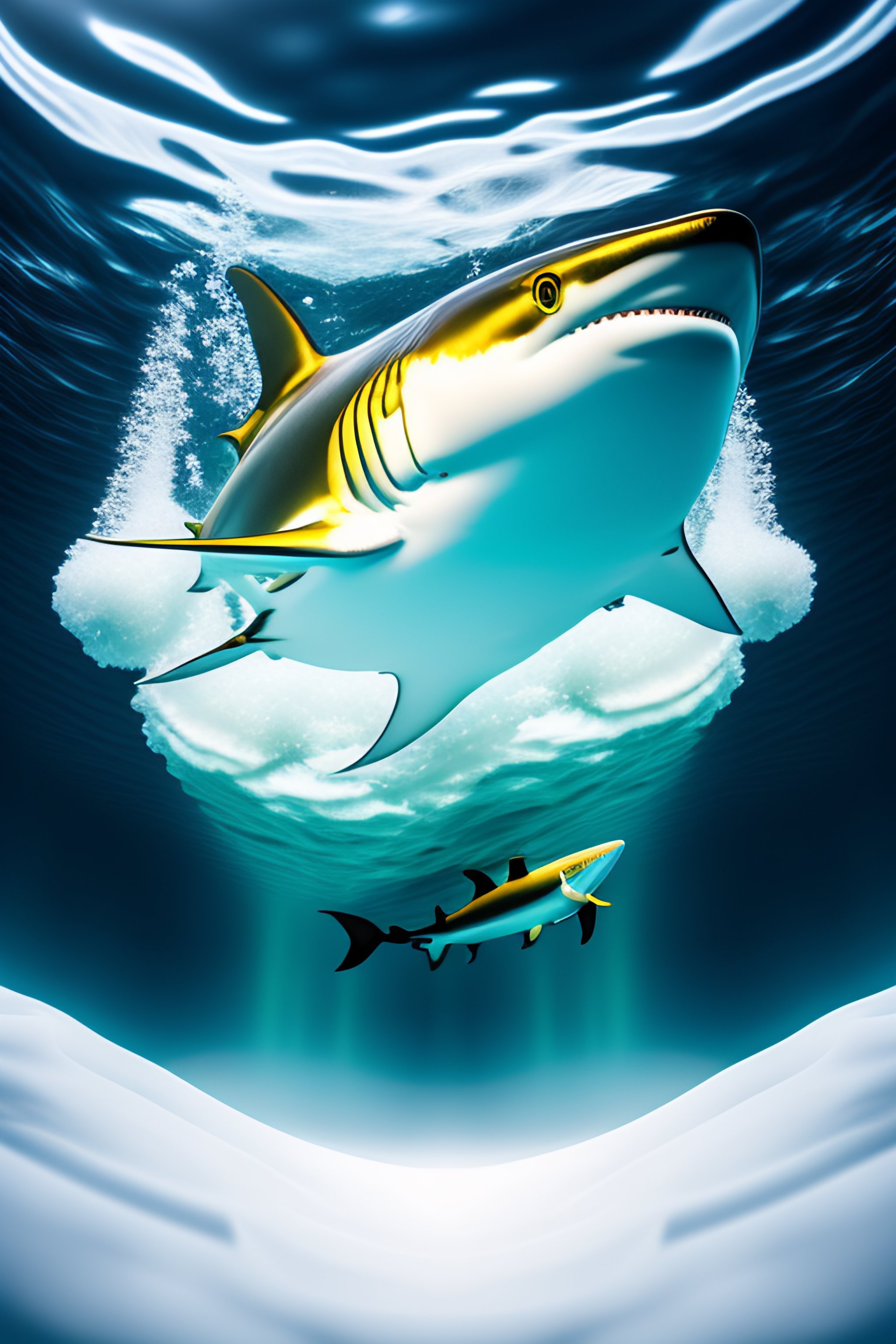 Lexica - A golden white agressive shark, swiming under ice, volumique ...