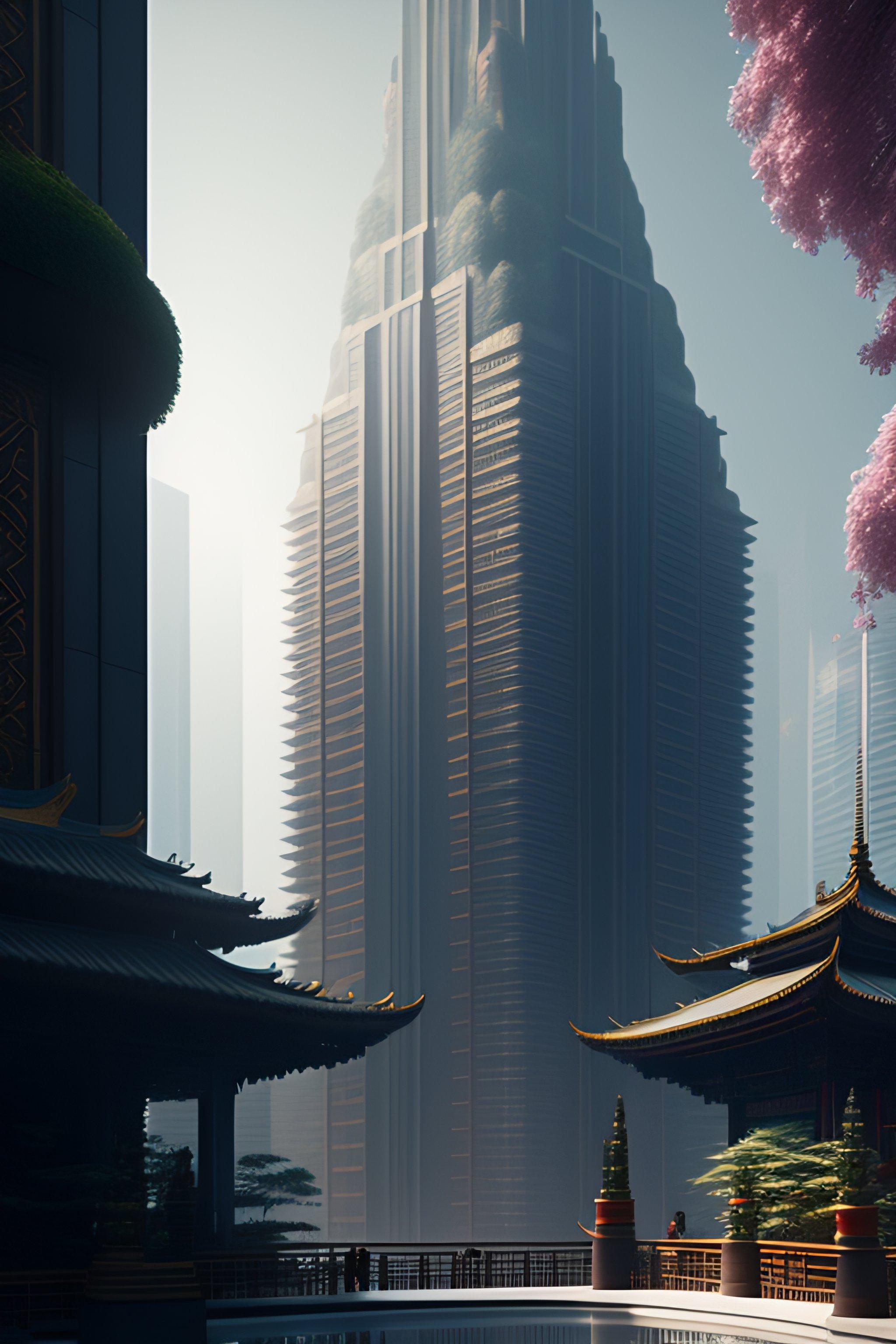 Lexica - Chinese style temple in front of cyberpunk skyscrapers, hyper ...