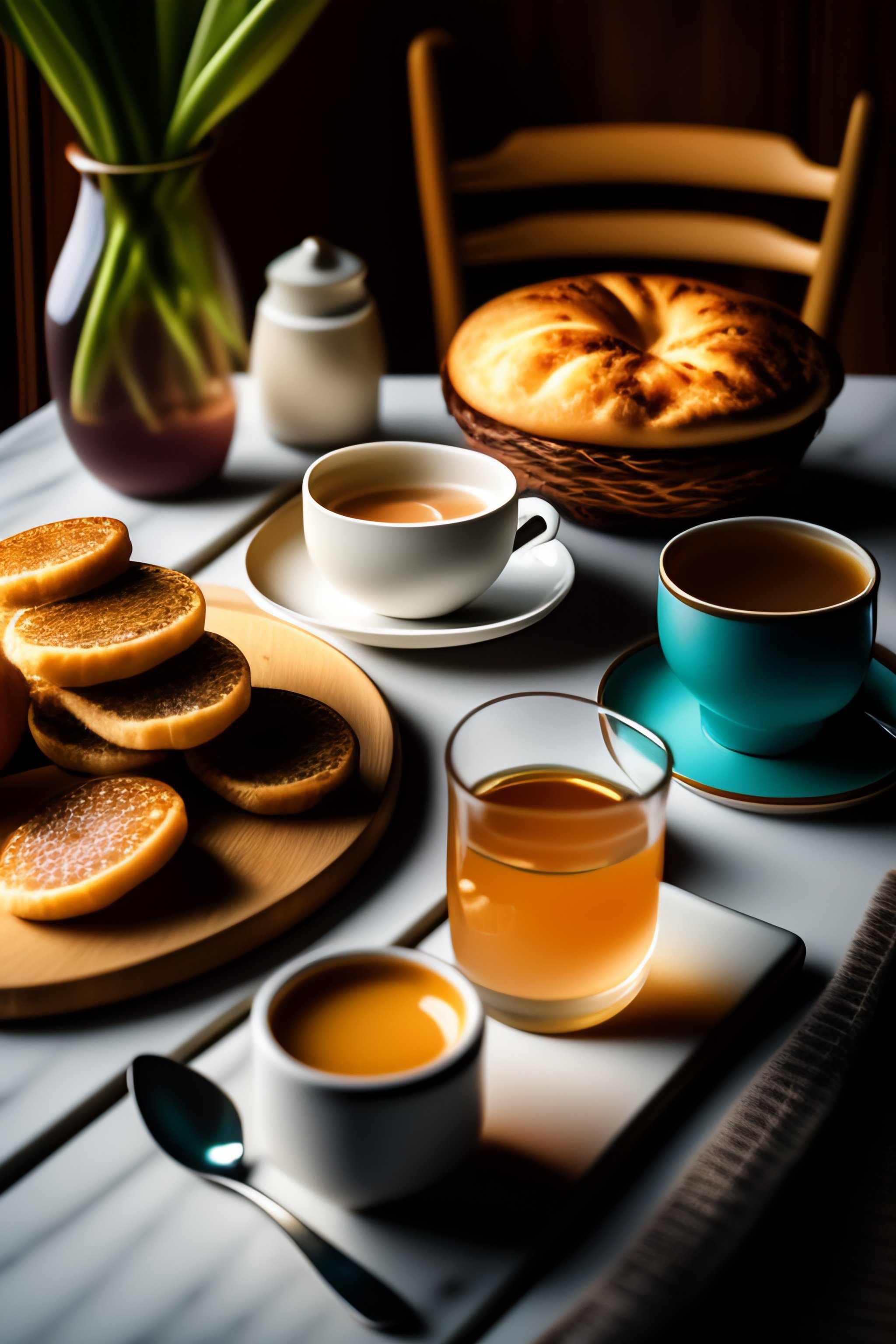 Lexica - Morning breakfast table with tea close up
