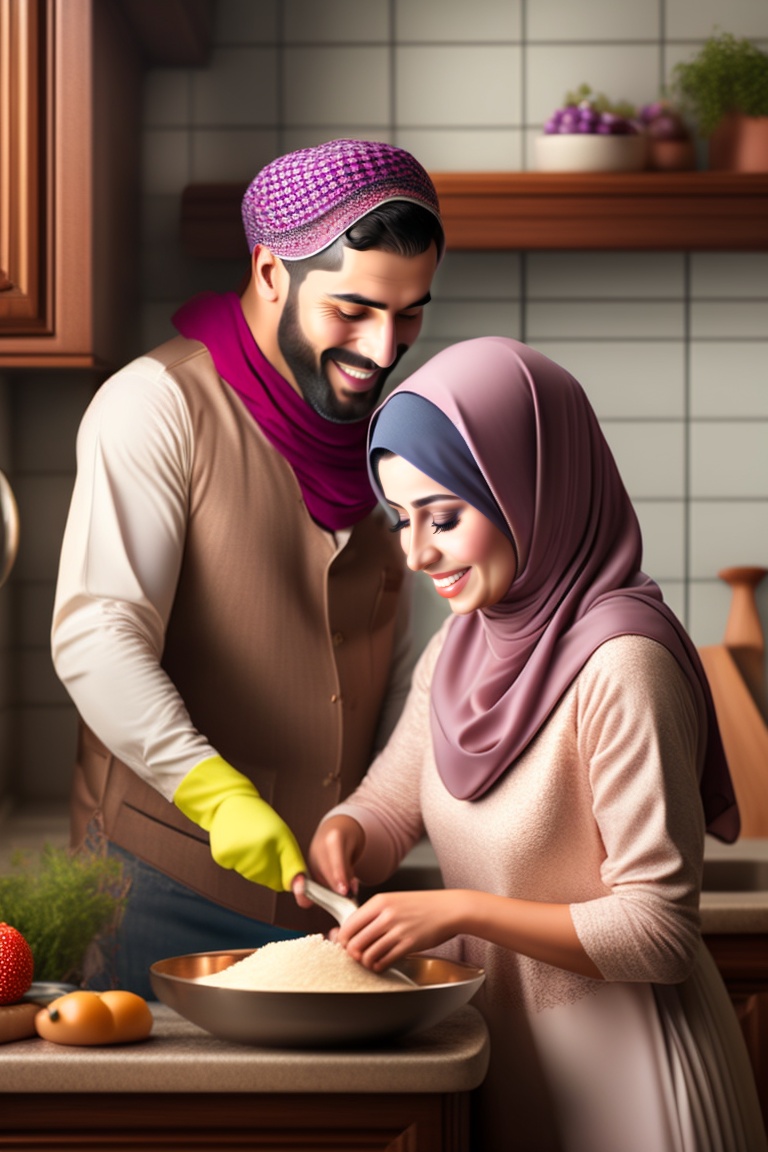 Lexica - Muslim husband helping his wife in household chores, ultra hd