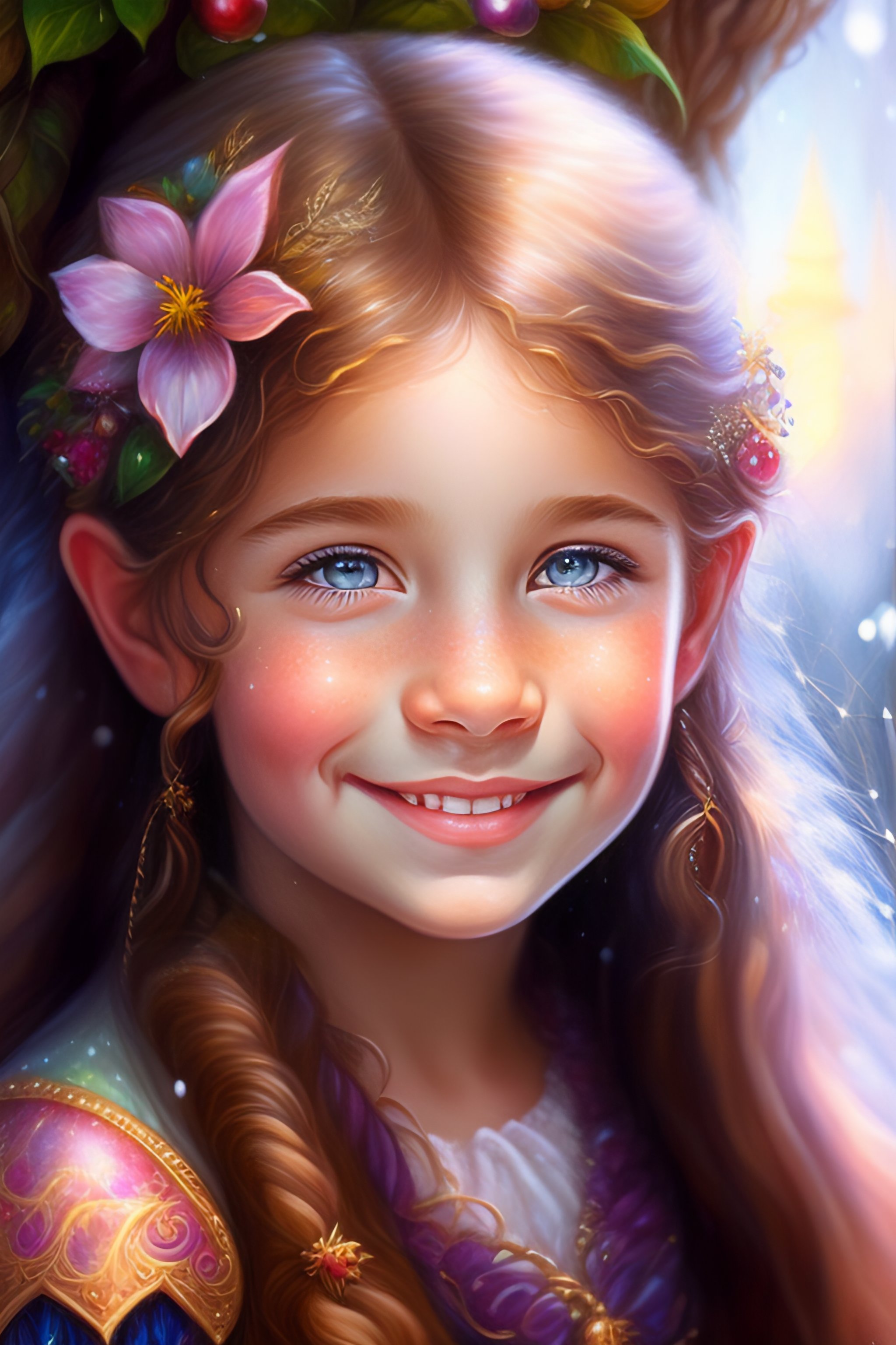 Lexica - : A little girl fairy, with a michievous face, big wide ...