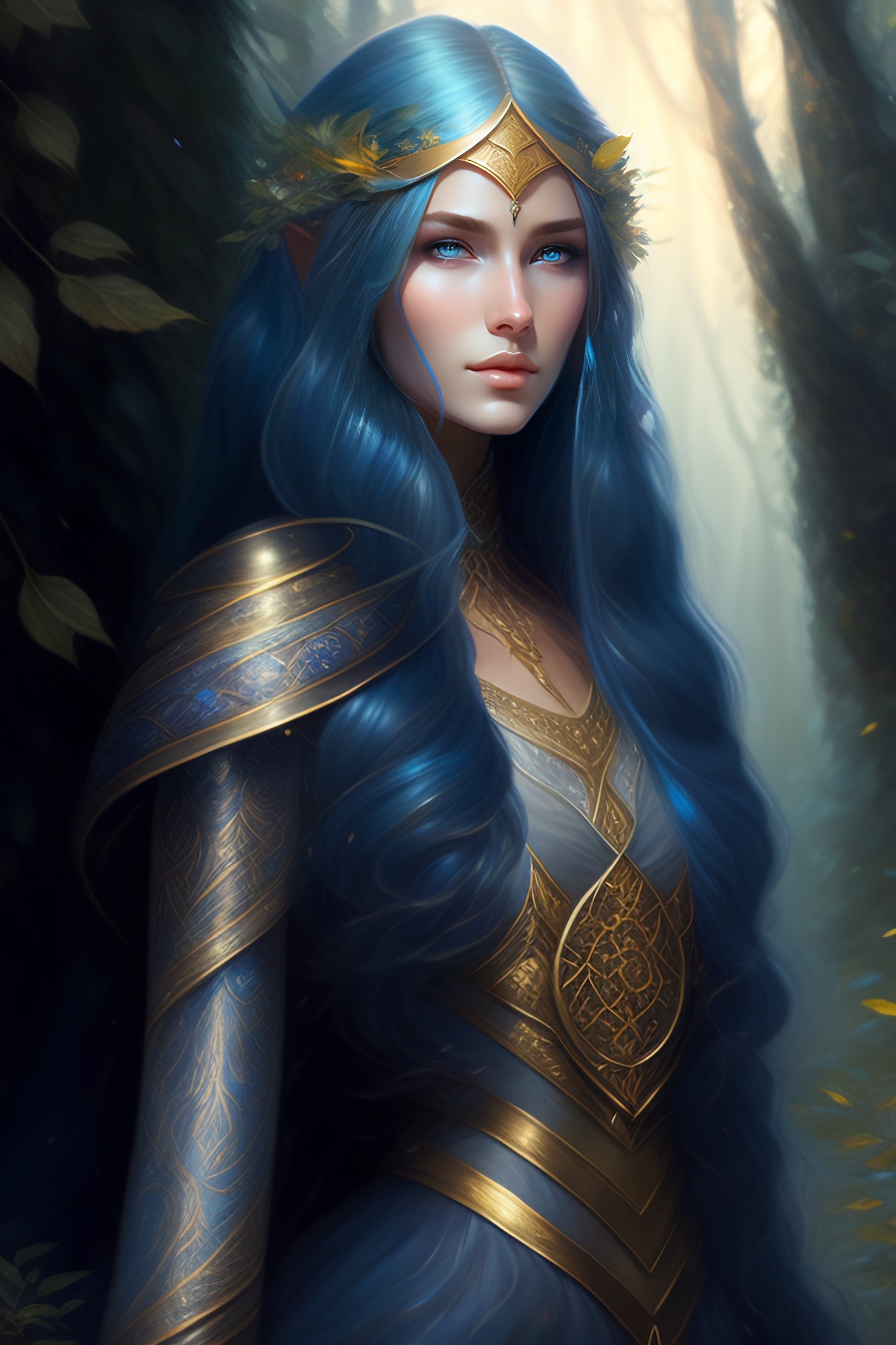 Lexica - A cute wizard elven, blue long hair, golden eyes, in a forest ...