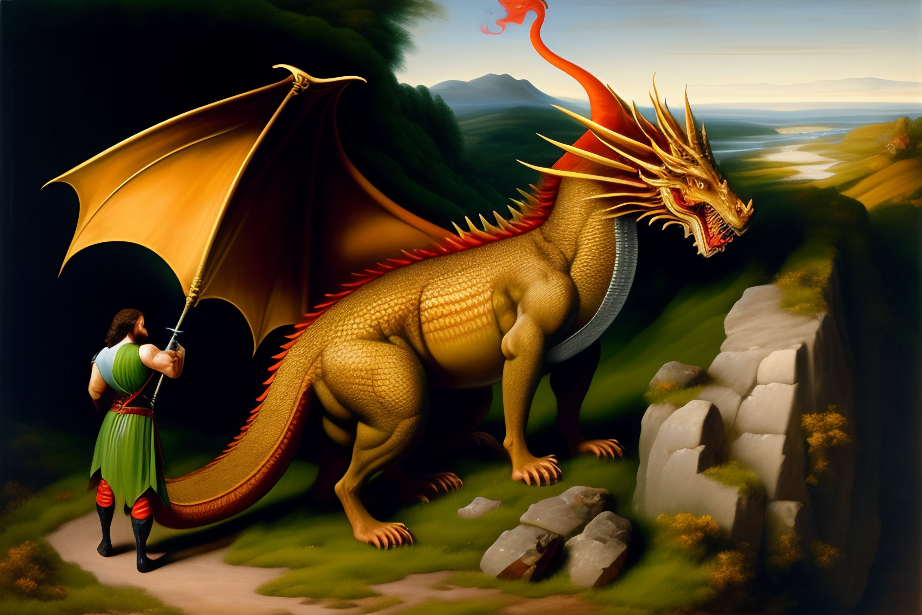 Lexica - Men kills dragon with sword in irish landscape, Renaissance ...