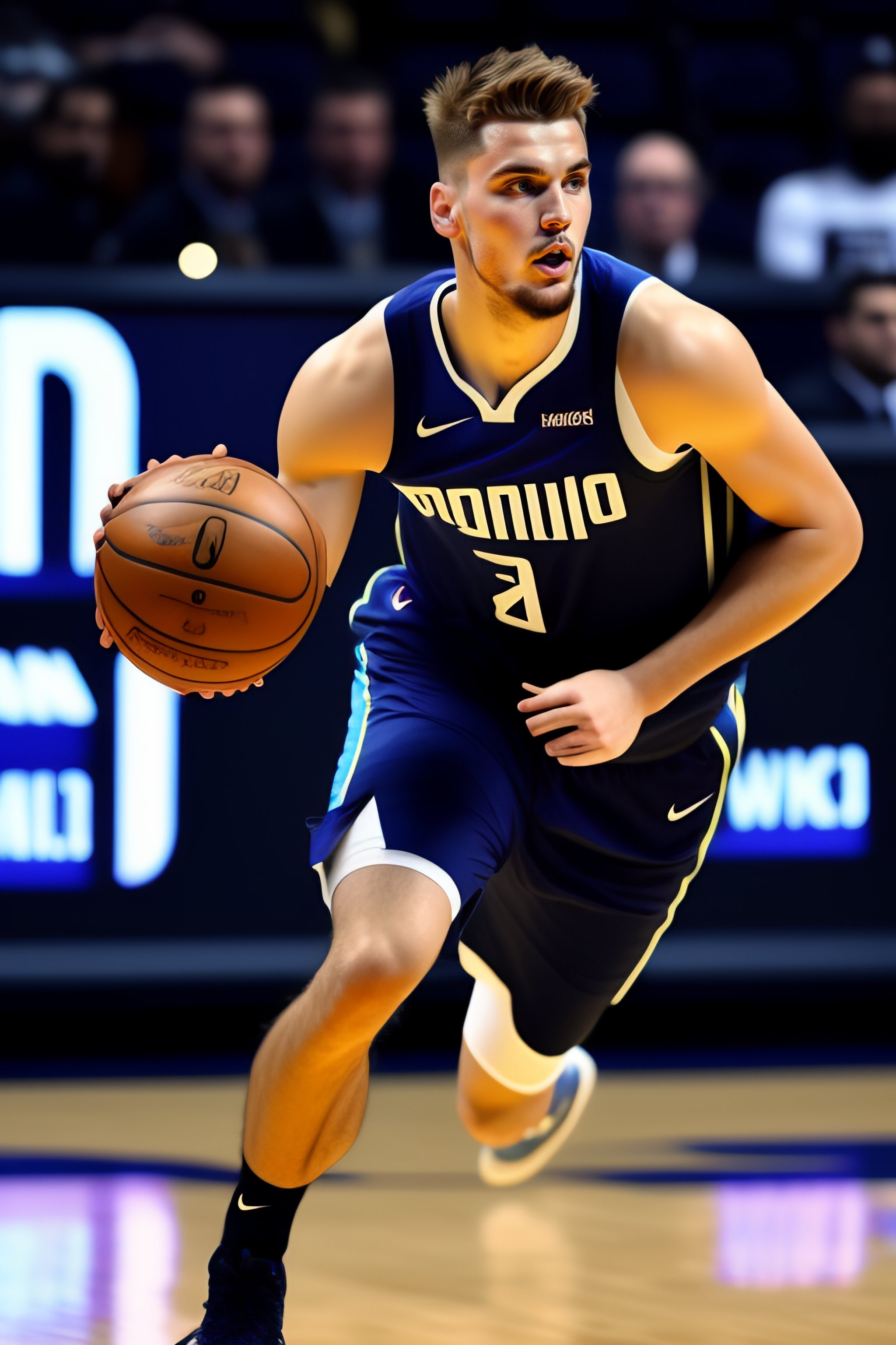 Lexica - LUKA DONCIC PLAYING BASKETBALL WITH THE BALL IN SHAPE OF THE MOON