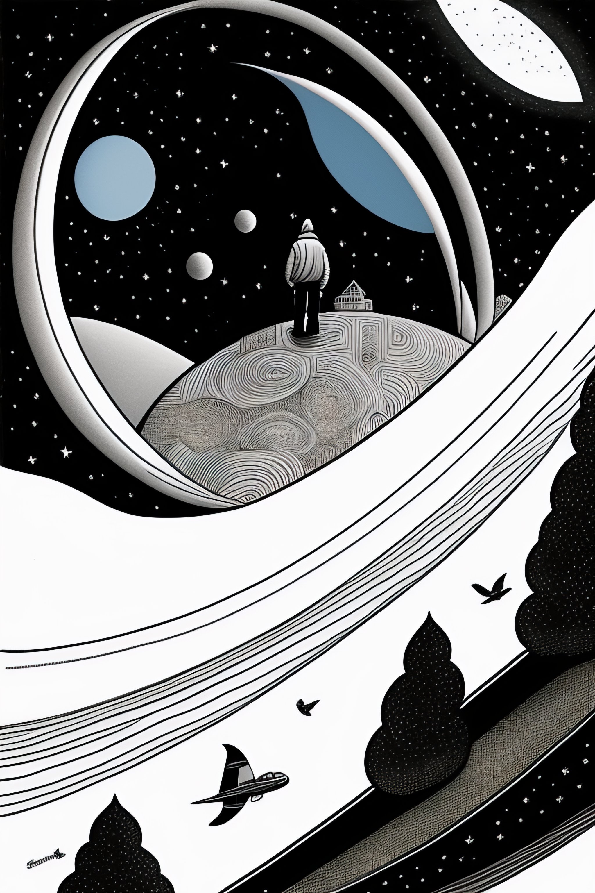 Lexica - A alone man. pen and ink ,birds eye view, illustrated by hergé ...