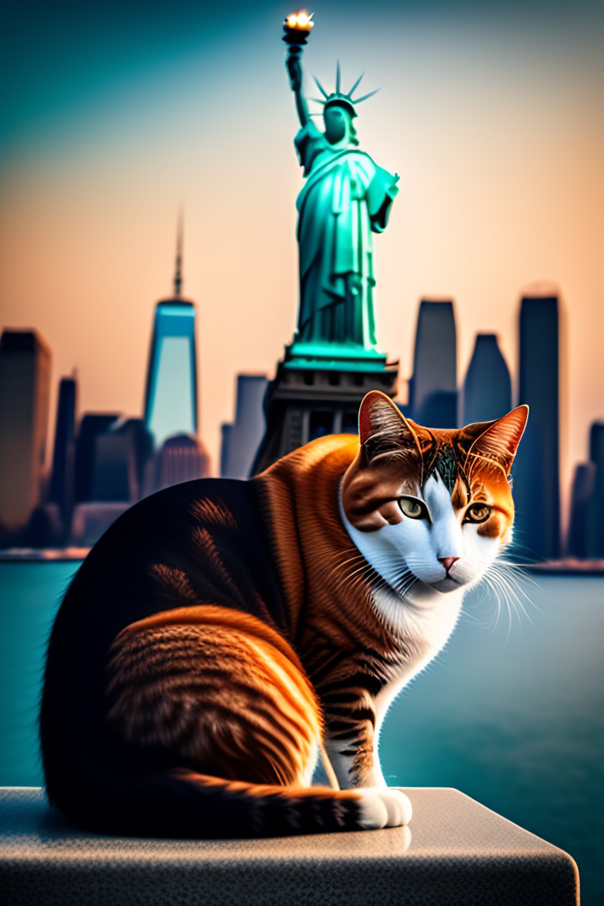 Lexica - "A sleek, casually dressed cat perched atop the iconic Statue ...
