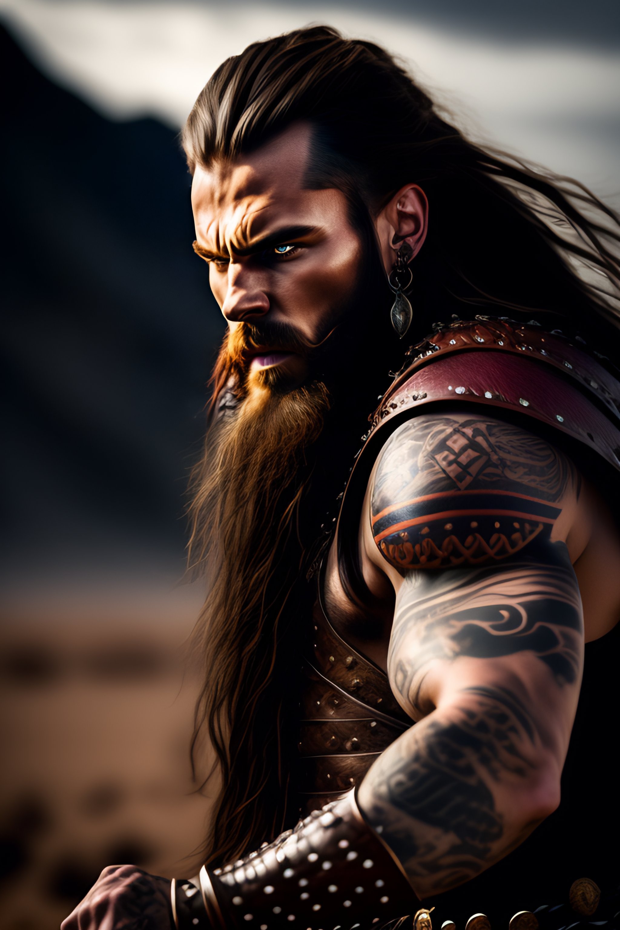 Lexica - Medium action shot photo of a rugged tattooed male viking with ...