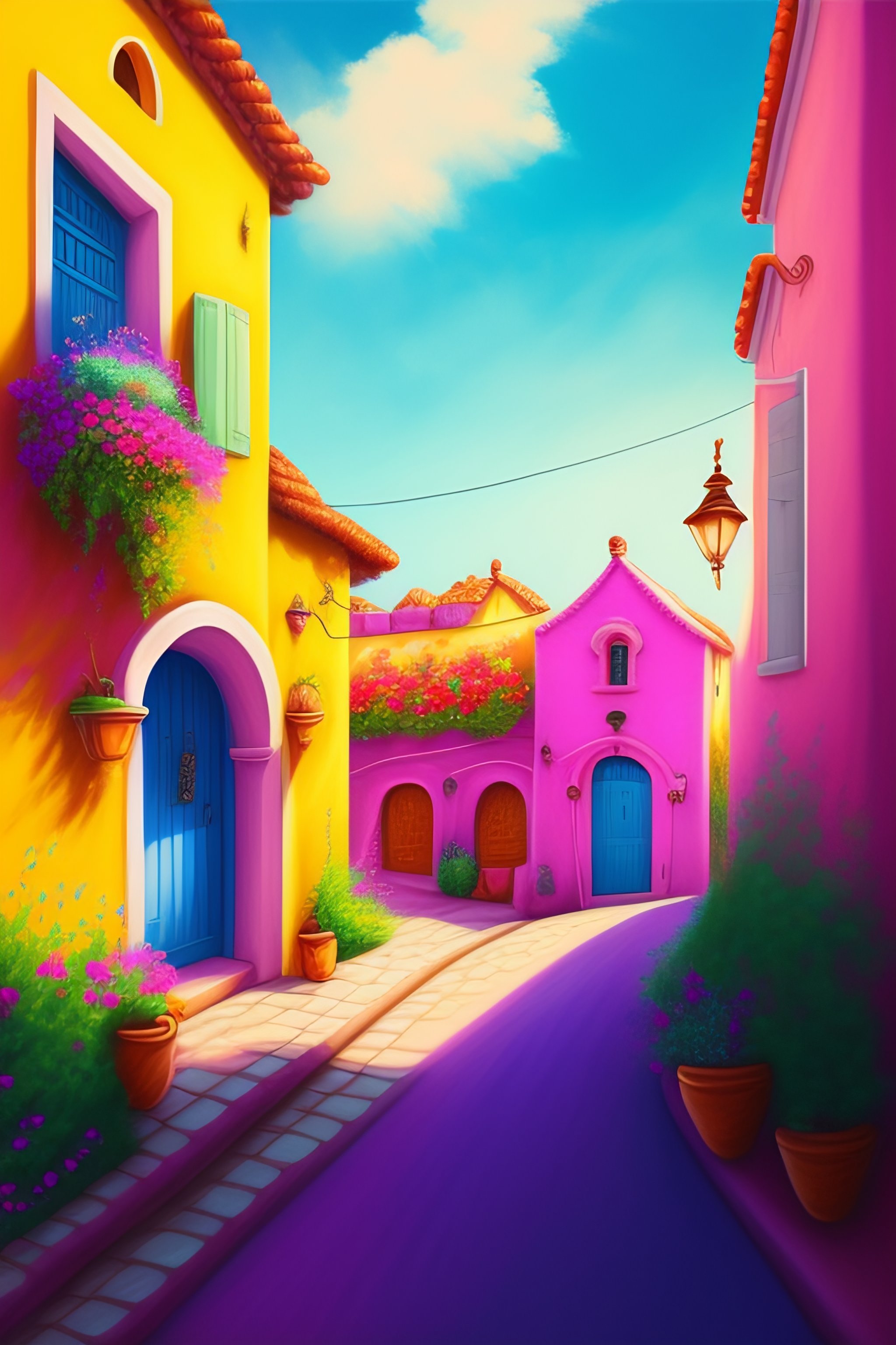 Lexica - Draw an illustration of a village bathed in bright and varied ...