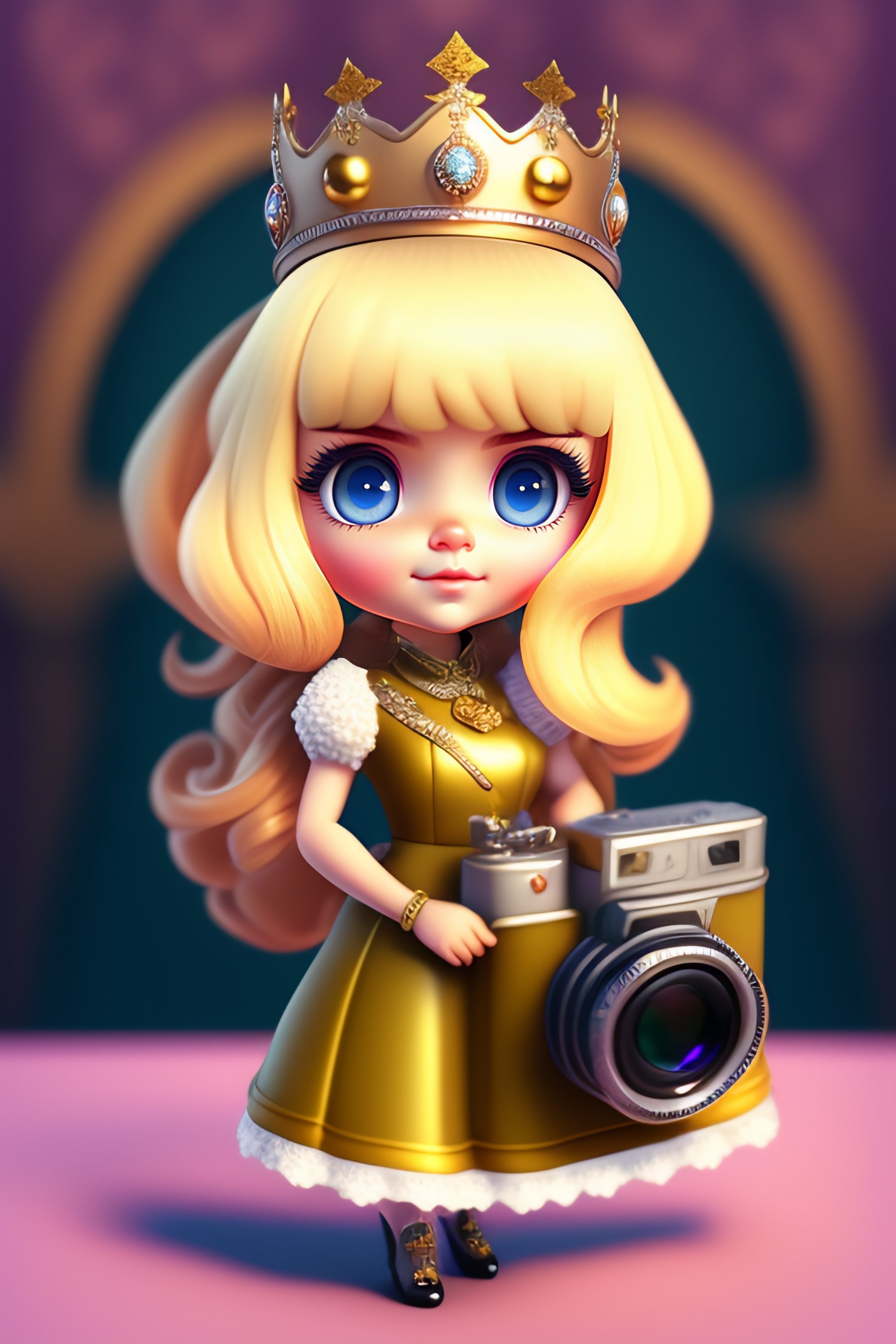 Lexica - Cute chibi blonde little woman With a crown and a camera
