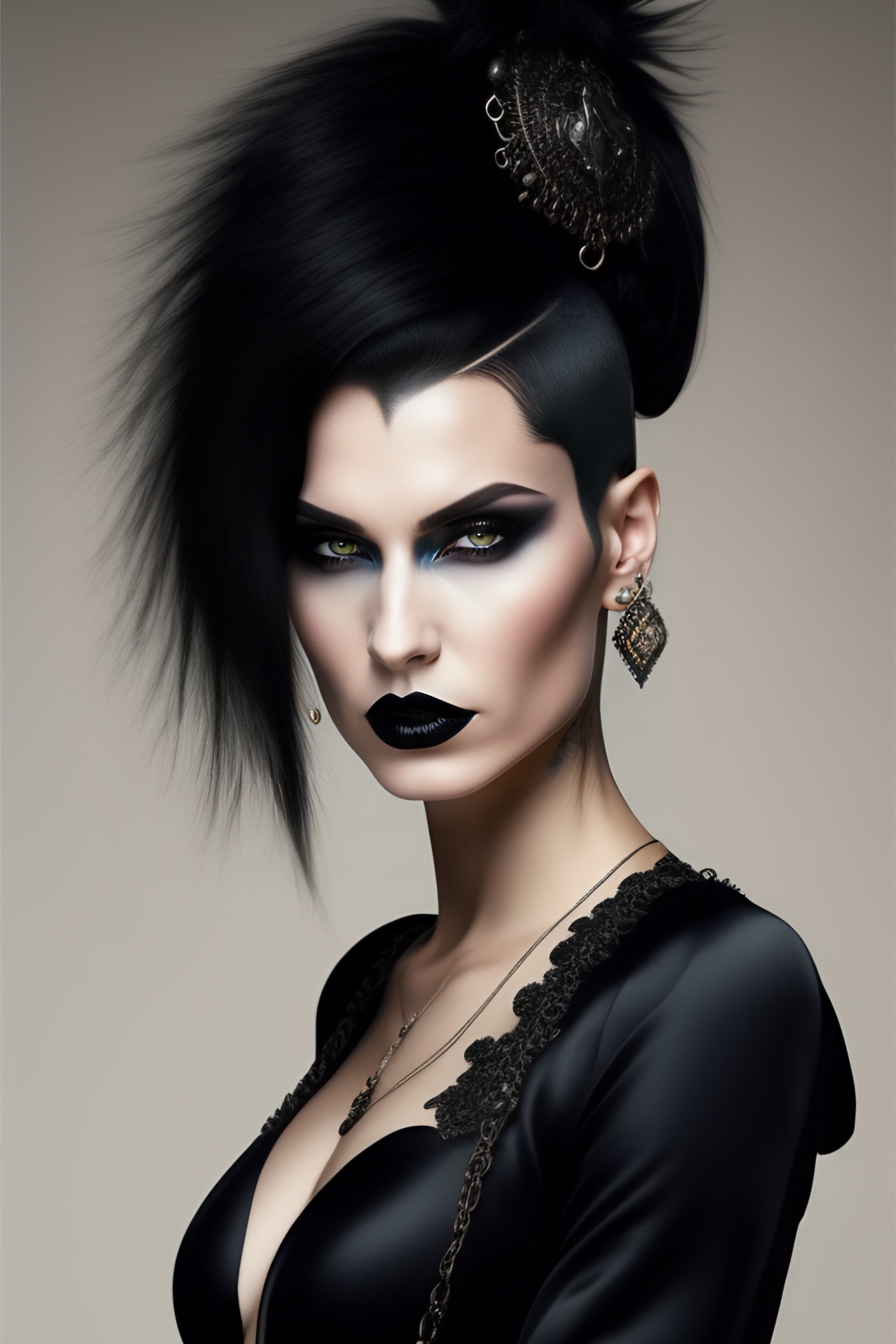 Lexica - Pale woman goth vampire ungry in black outfit hair Mohican