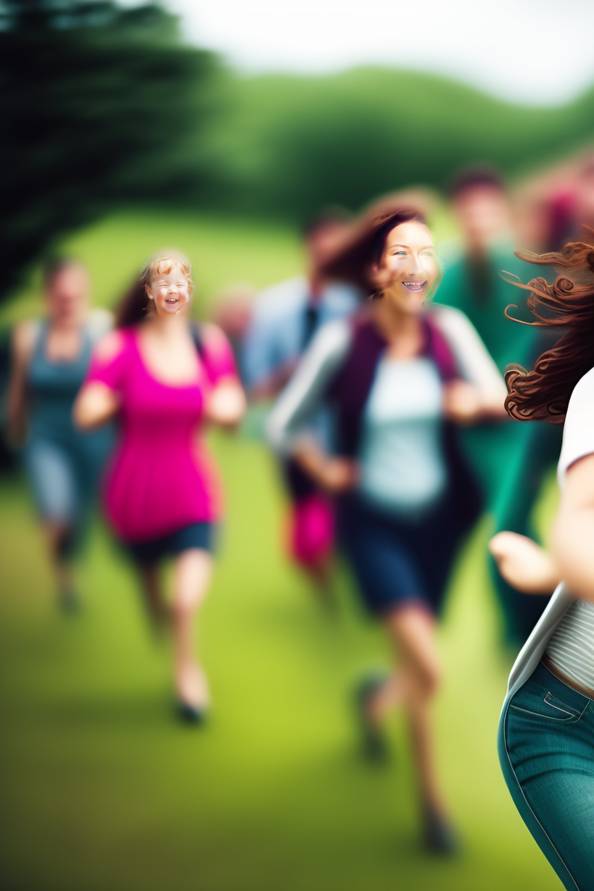 Lexica - Background full of people chasing, front view, green grass ...