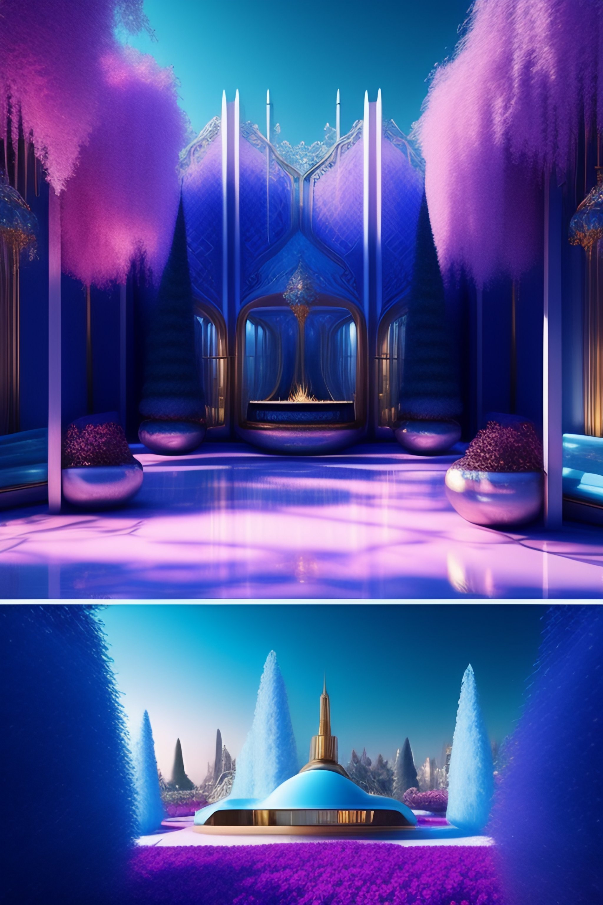 Lexica - Baby blue buildings far above a crystal grove, a magenta ...