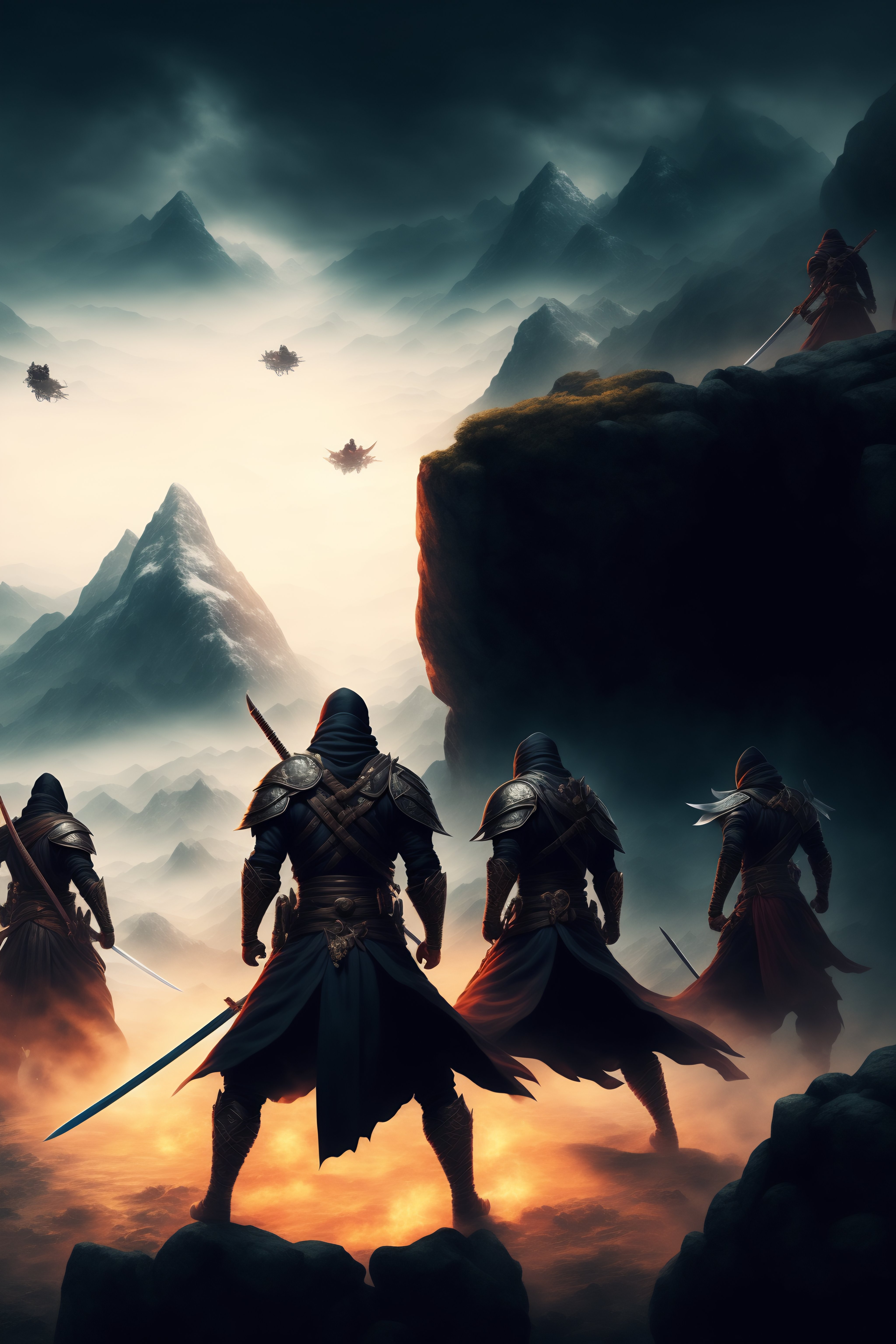 Lexica - 3 Black Ninja Assassins fighting with bandits on a moutain pass