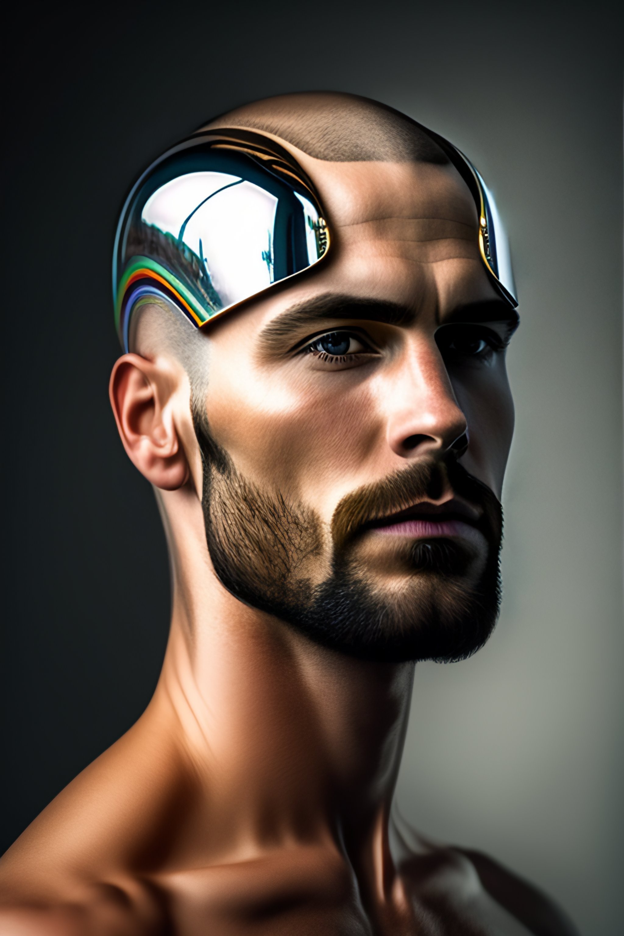 Lexica - Portrait of a bald man with entire head made of chrome