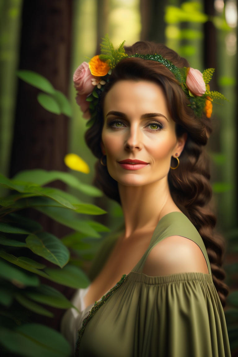 Lexica - White woman, she is in her 40's, brunette, wild hair, forest ...