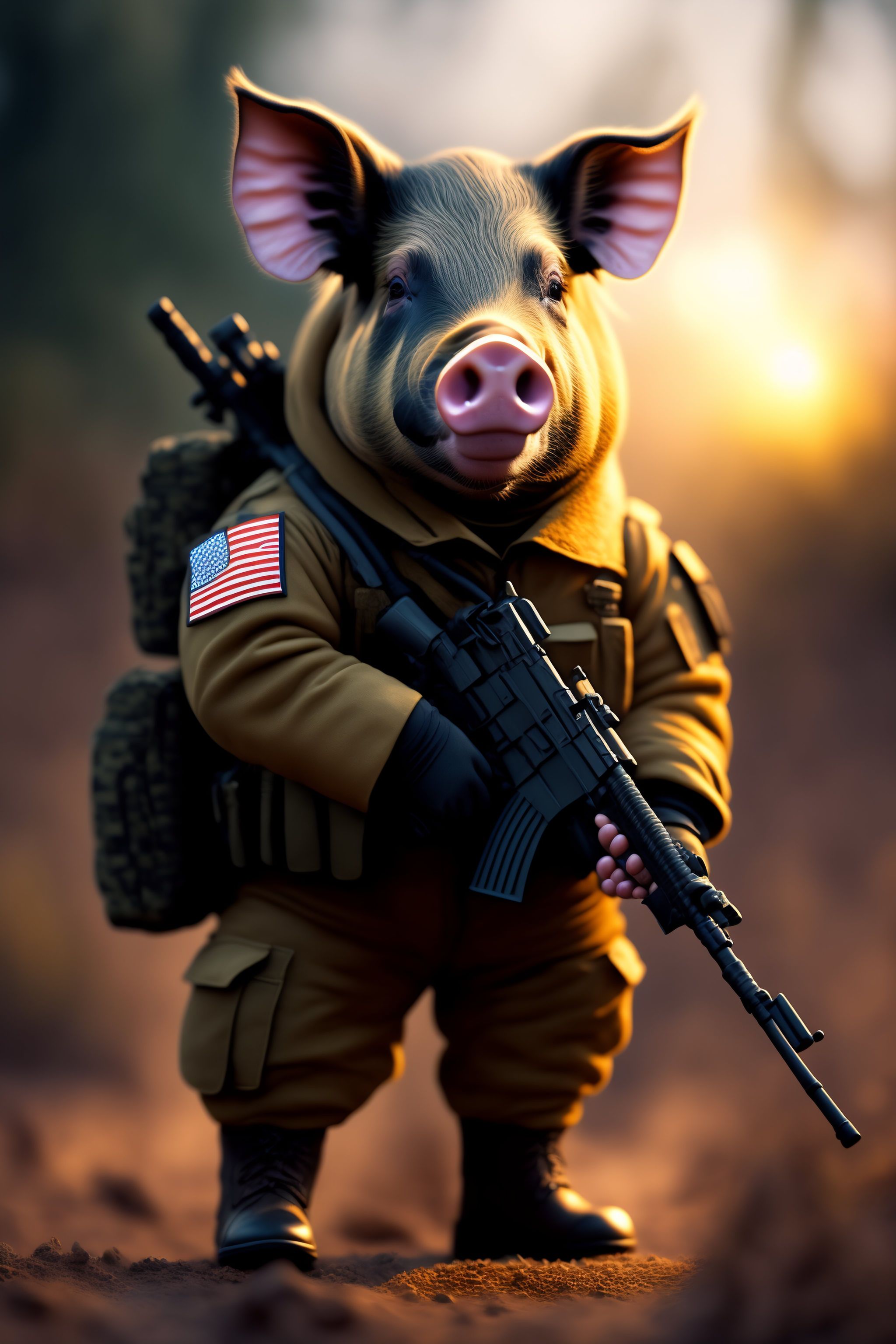Lexica - An exhausted Pig at the frontlines in the army, looking for the camera, dressed a ...