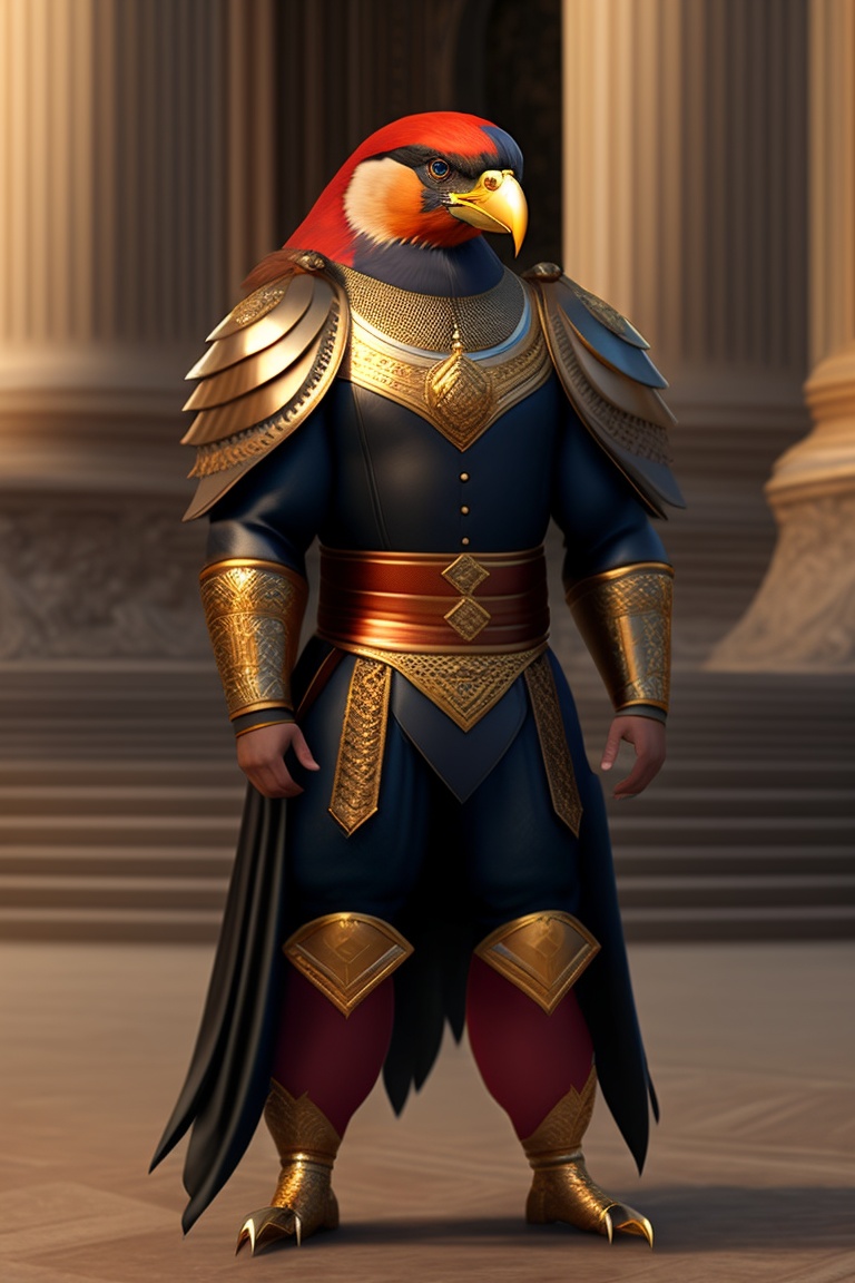 Lexica - Anthropomorphic hawk in a bodyguard black suit, background palace