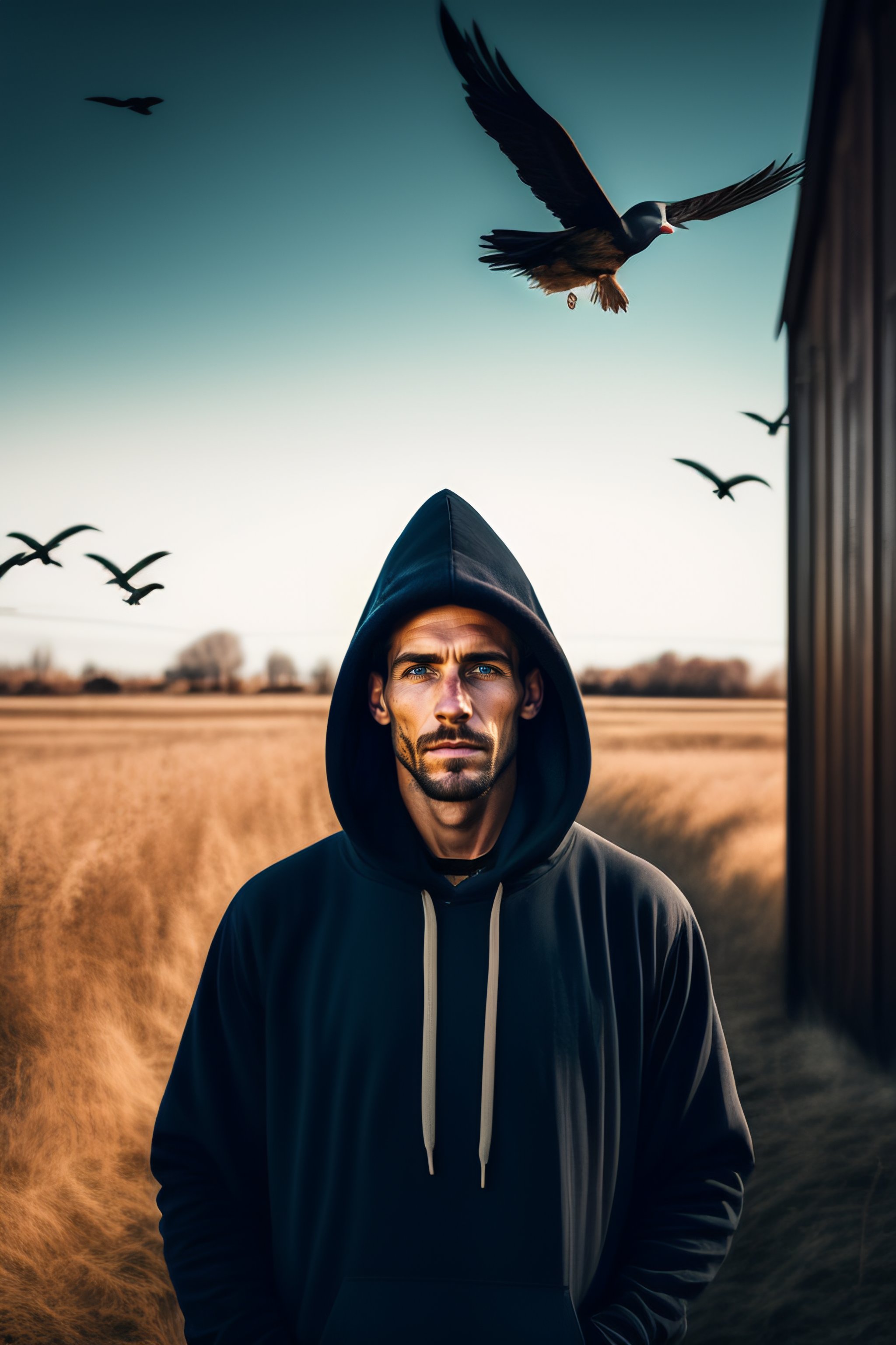 Lexica - Vertical film frame, junkie guy, wearing a hoodie on his head ...