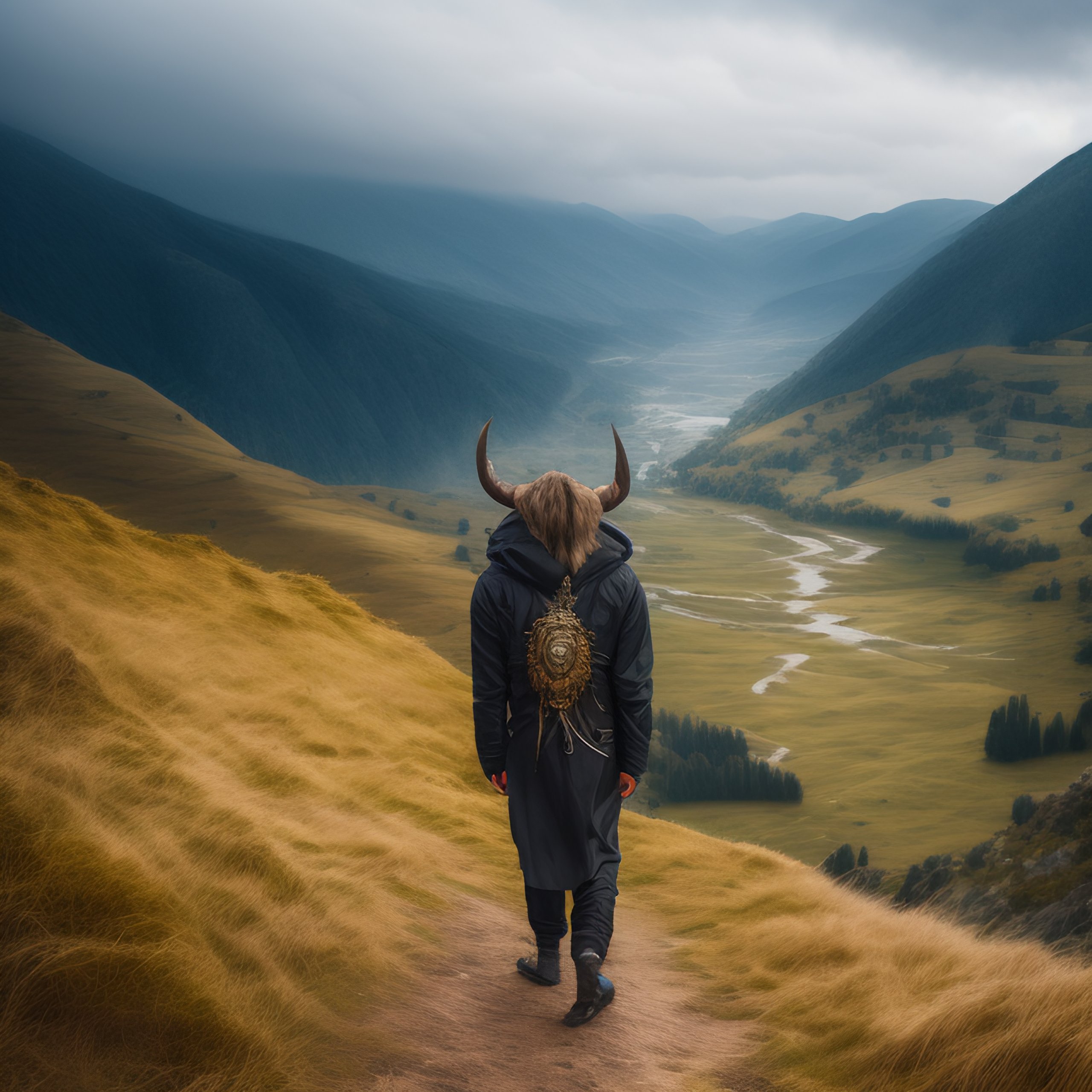 Lexica - Back view Horned Hooded tribal balkan gangster man wearing ...