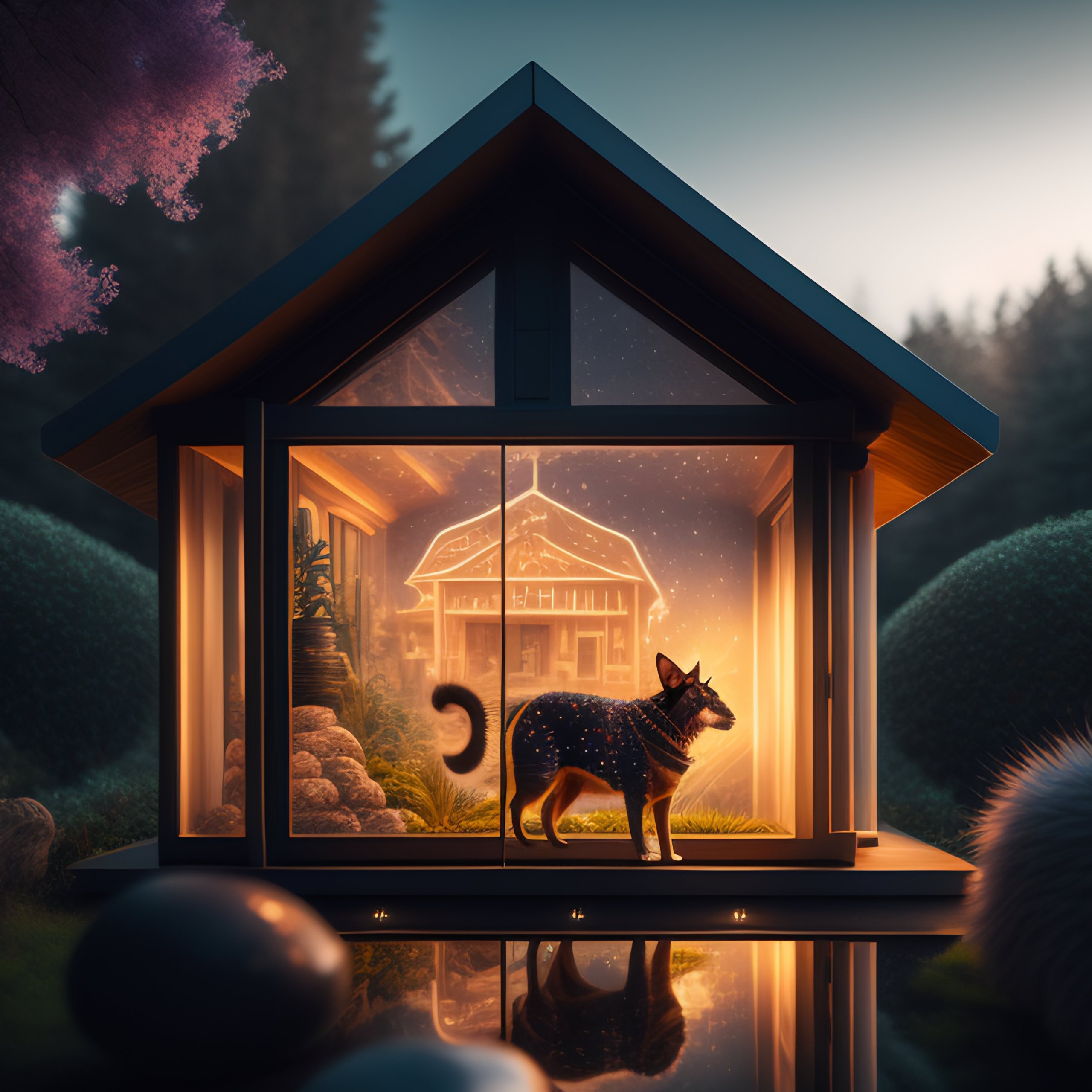 Lexica - Detailed photo of yogi in glass diorama with dog and hoose ...
