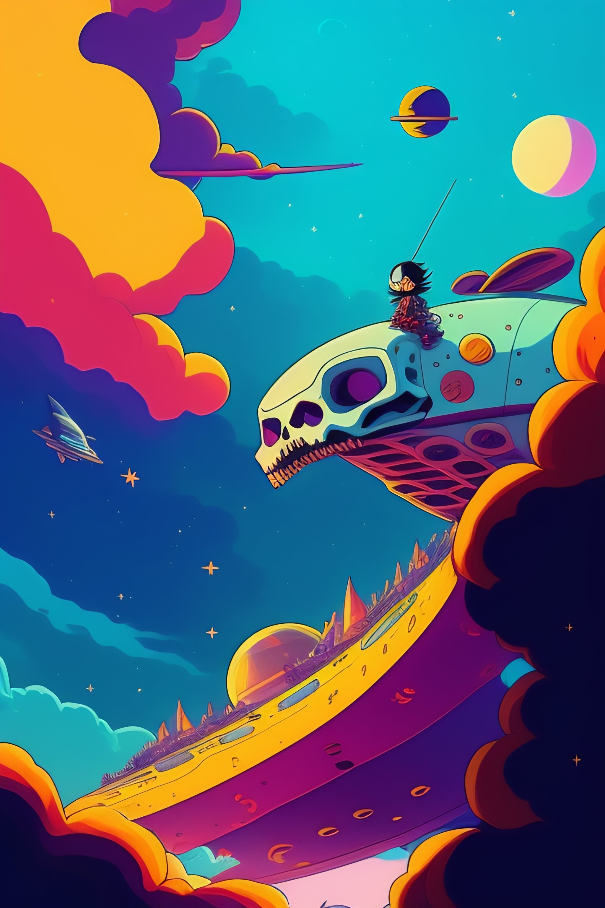 Lexica - 70s cartoon style photo of a huge savage skeleton in space ...