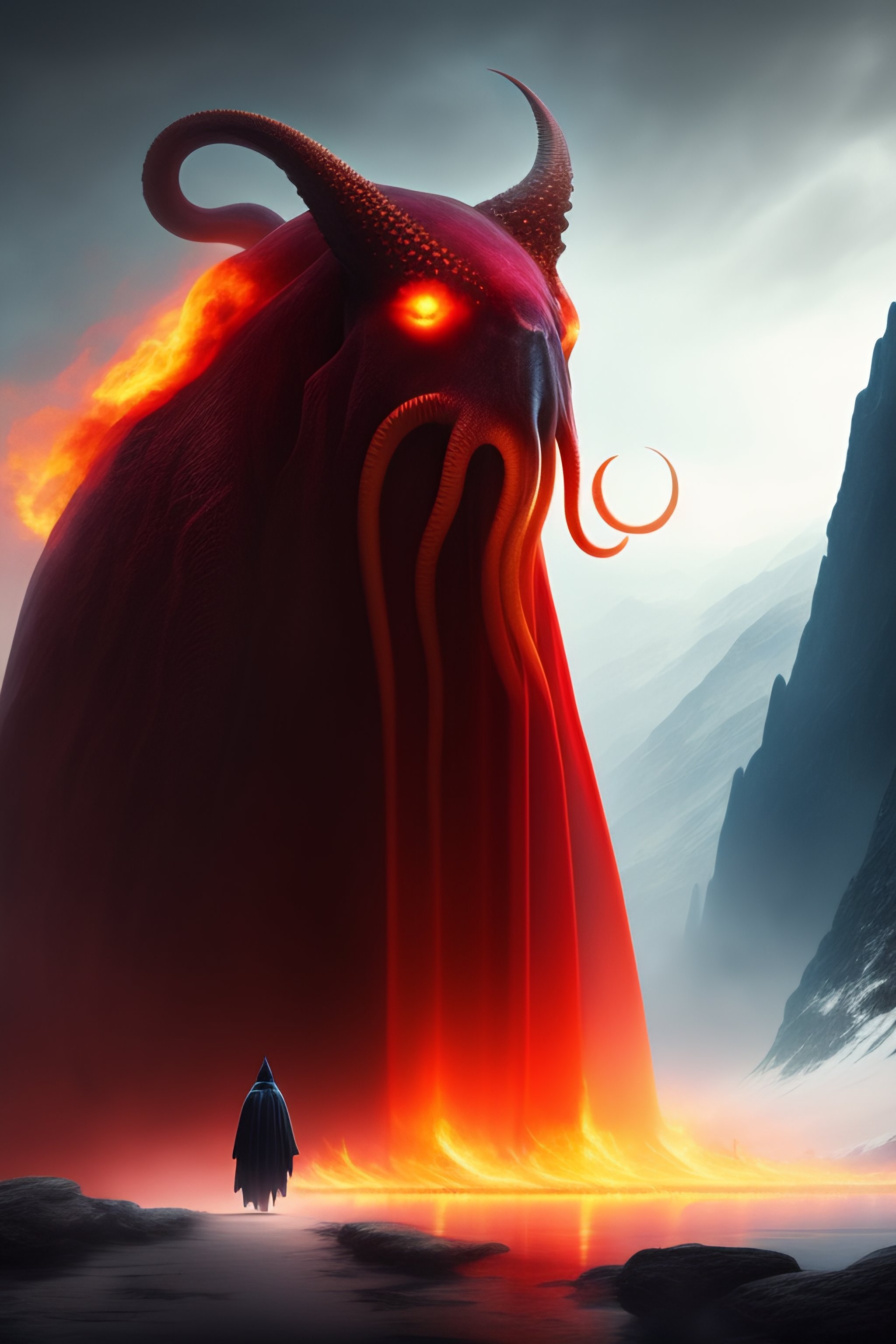 Lexica - In a vast landscape behind cloudy mountains a colossal and ...