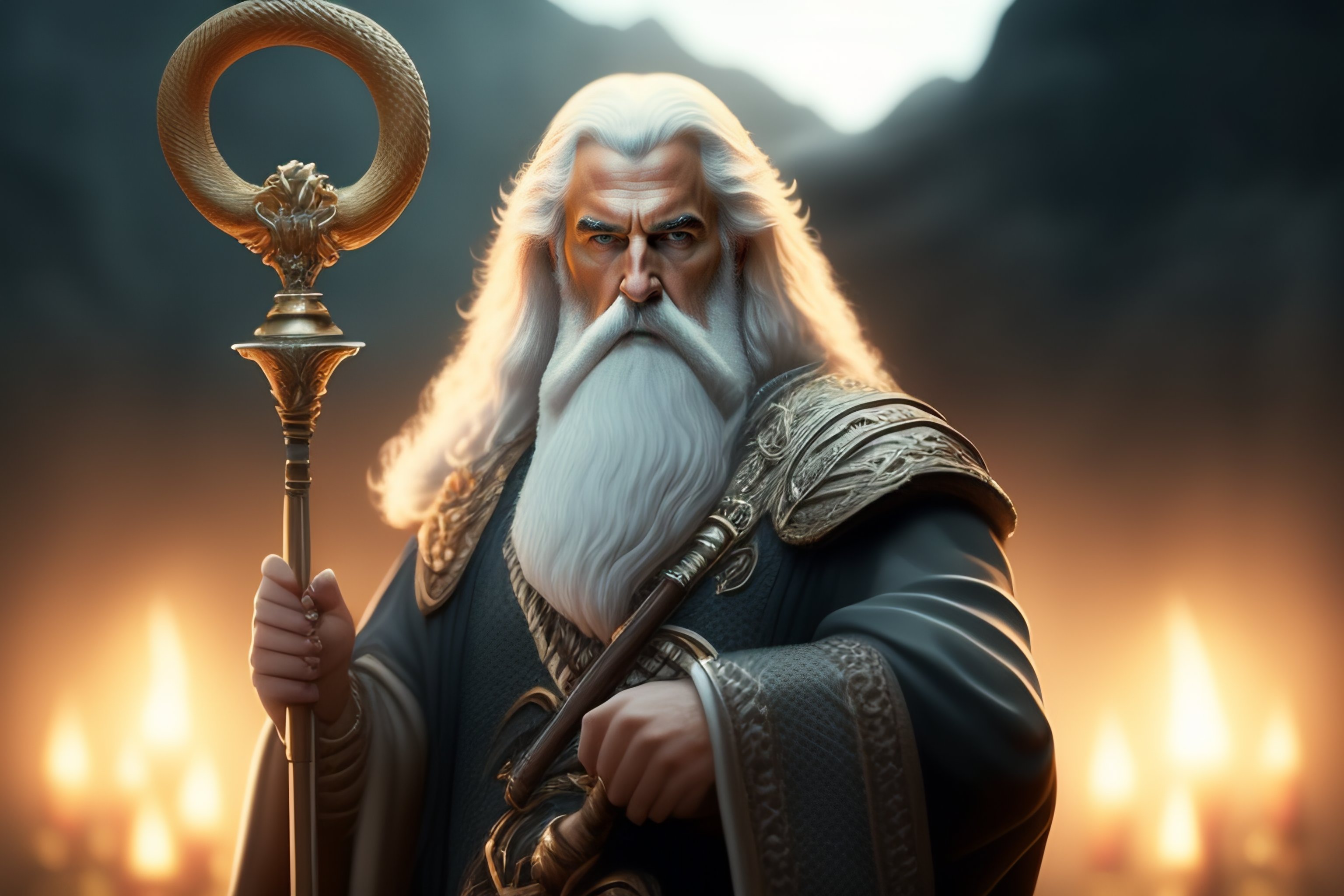 Lexica - One Greek wizard in dark robe hold a staff that has a white ...