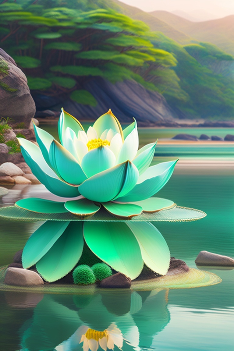 Lexica - Calm emerald sea, large lotus flowers on the shore