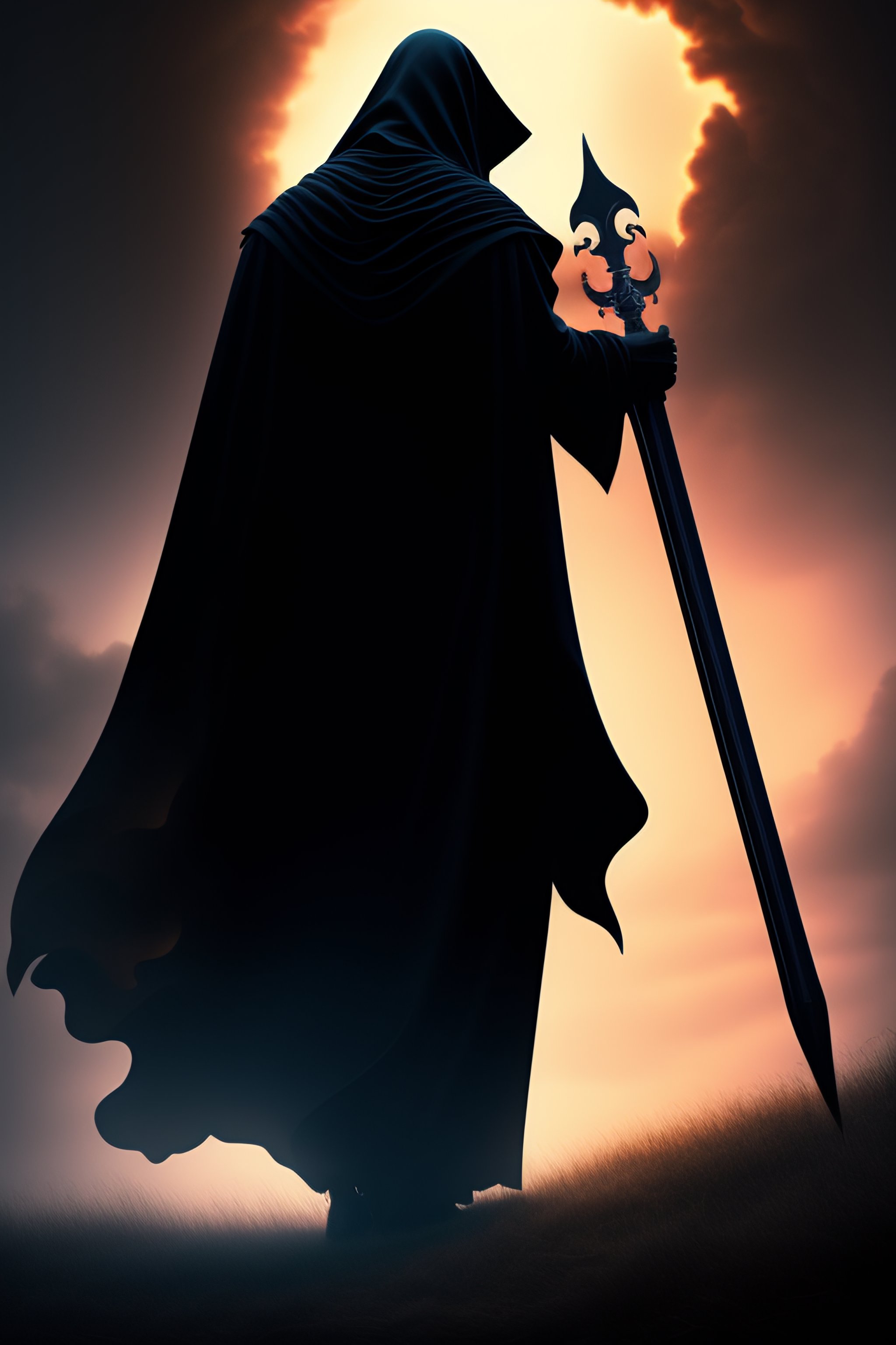 Lexica - Black cloaked dark silhouette holding a grim reaper scythe