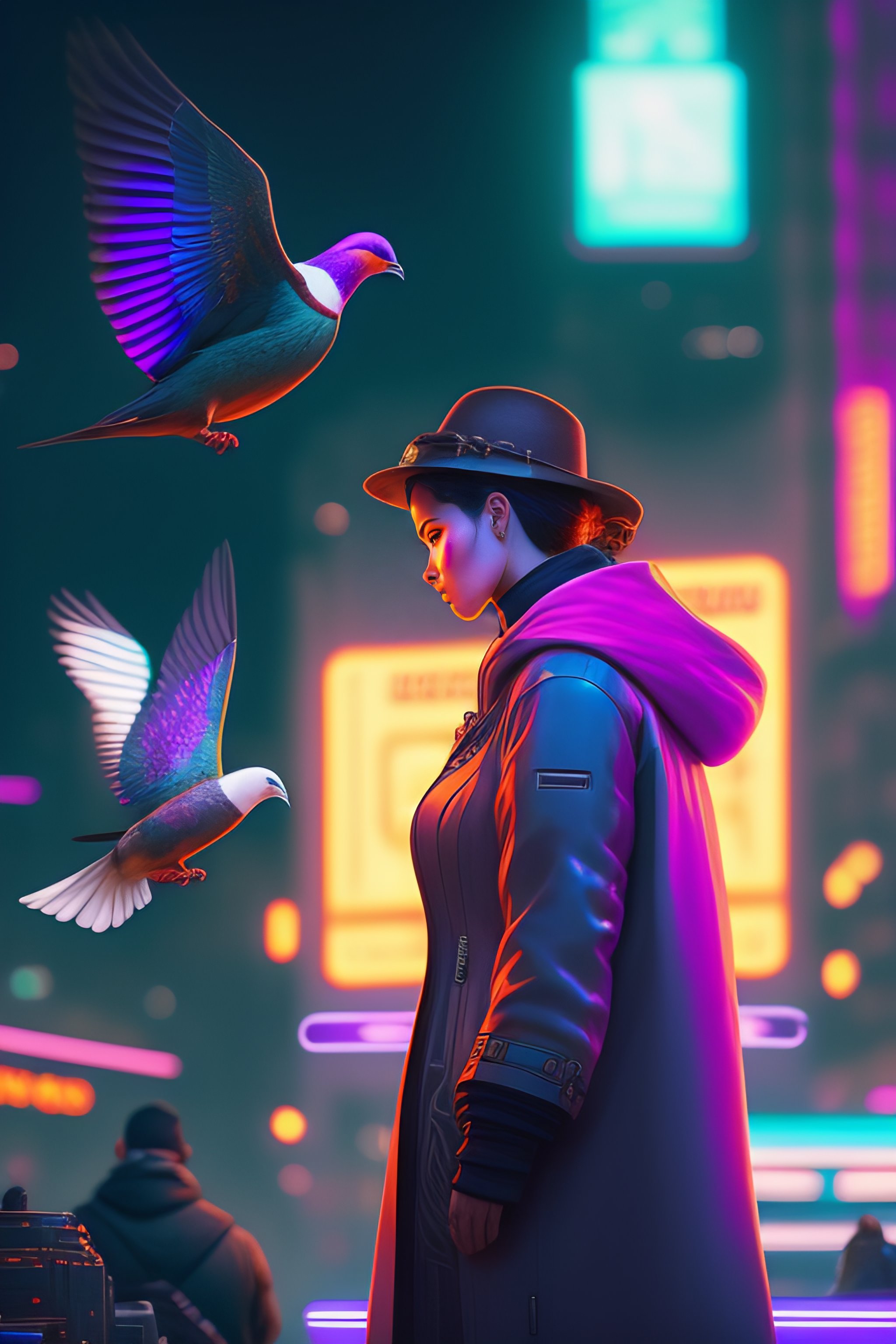Lexica - Cyborg feeding electric pigeons in front of a neon church ...