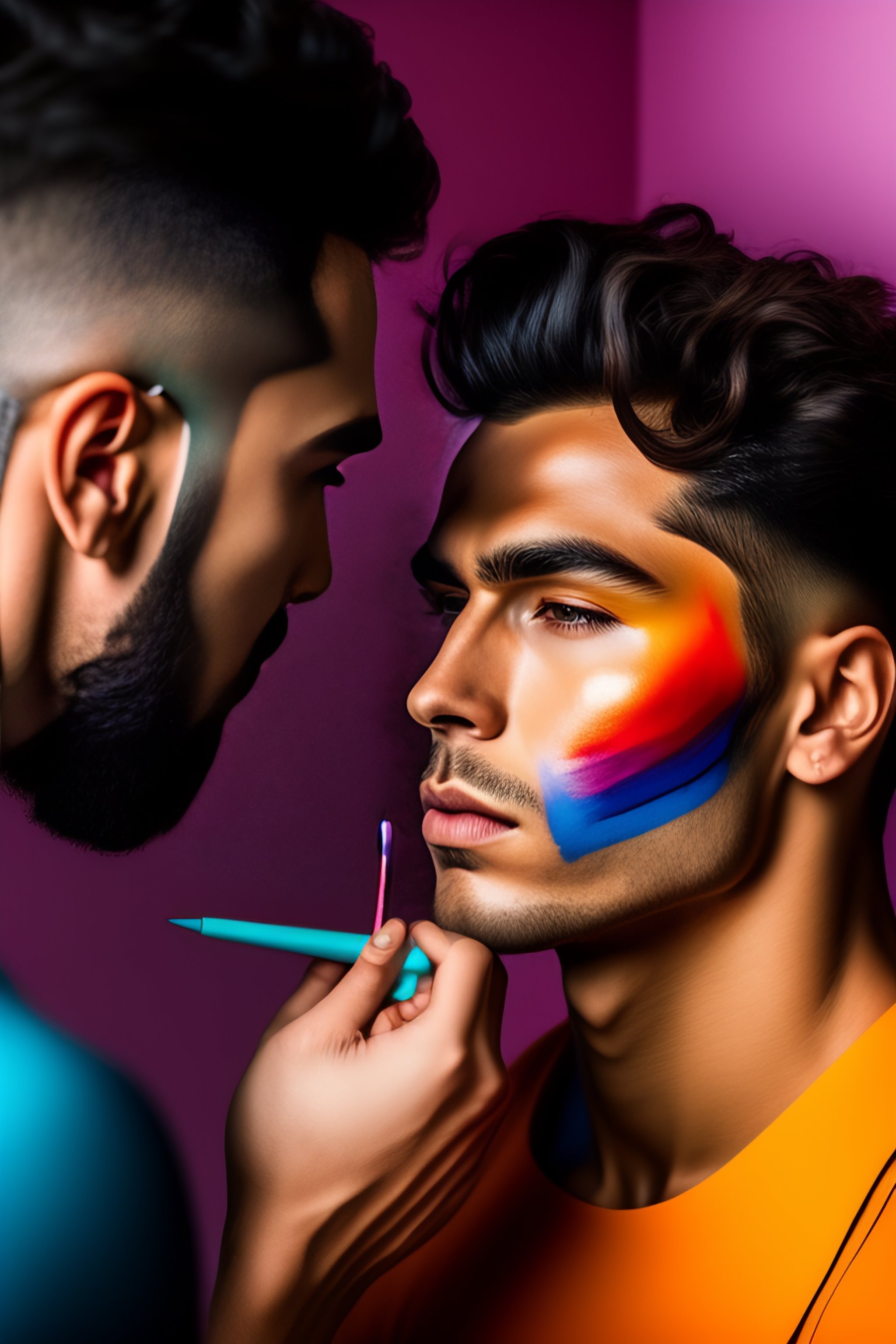 Lexica - Men doing his colourful makeup in front of a mirror with clear ...