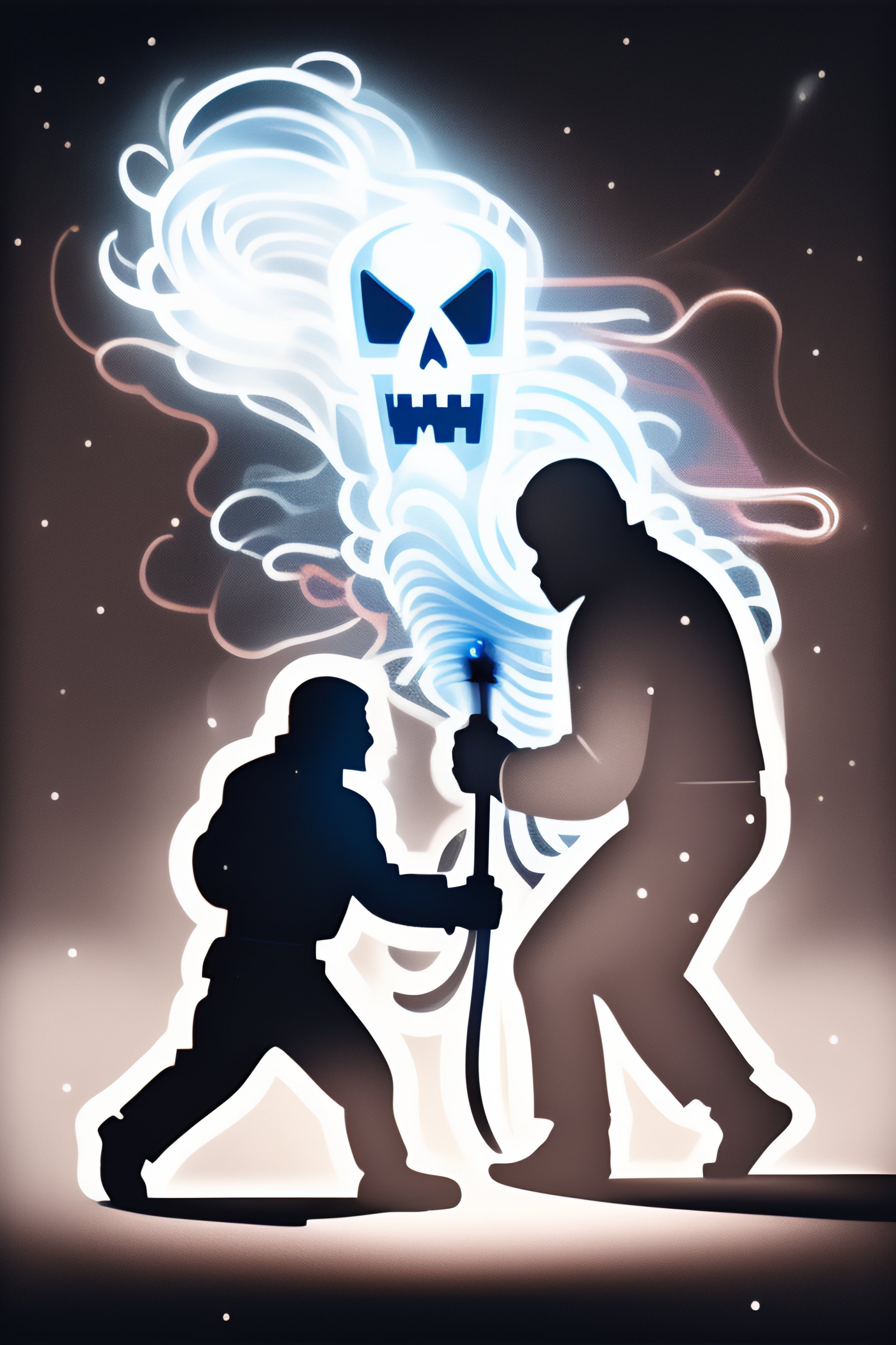 Lexica - Diagram of a ghost fighting a man wearing a ghostbusters outfit