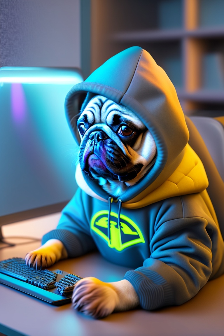 Lexica - A pug gamer in a hoodie, sitting by a trading computer ...