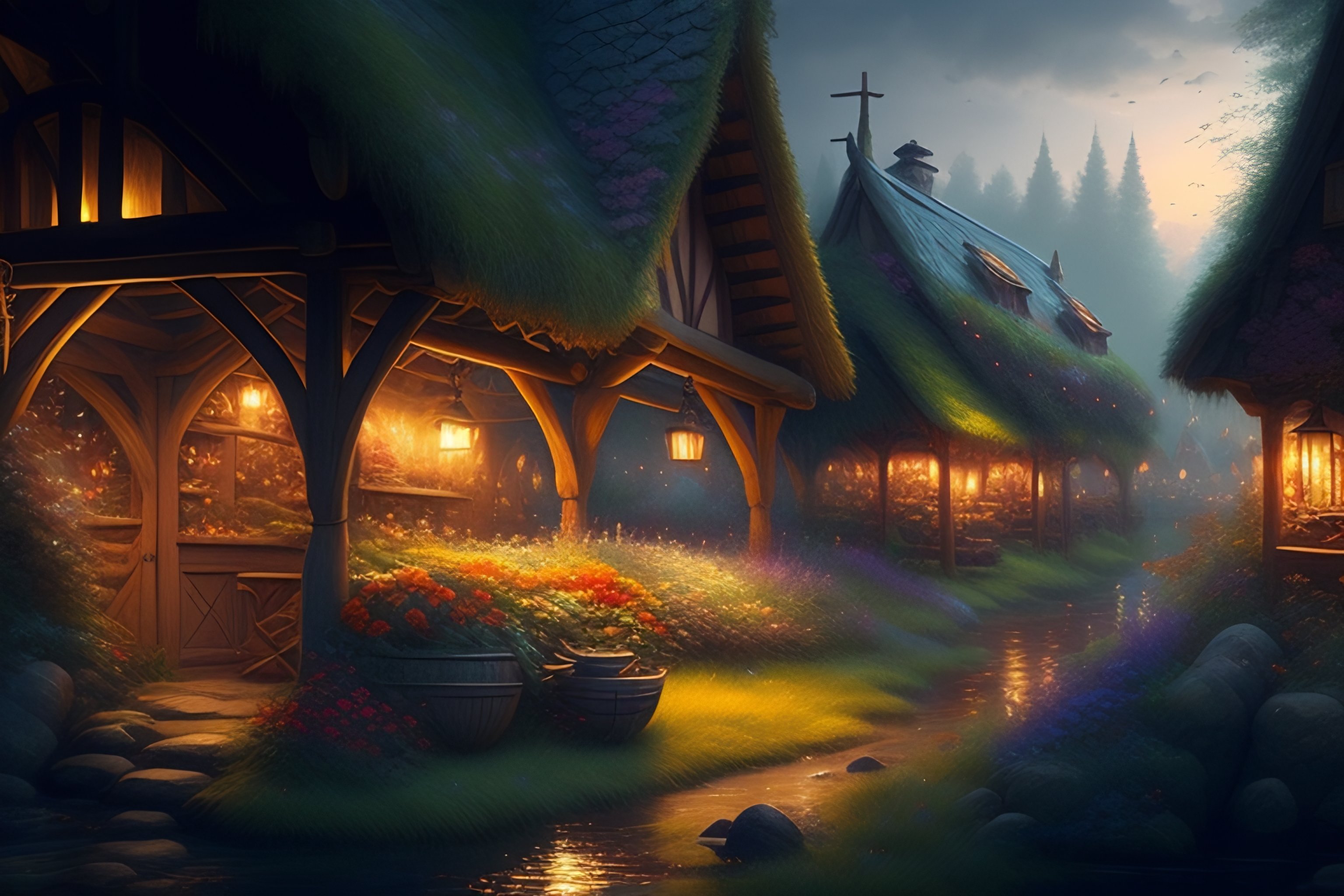 Lexica - Hobbit village, market, flowers, trees, crowded, peaceful ...