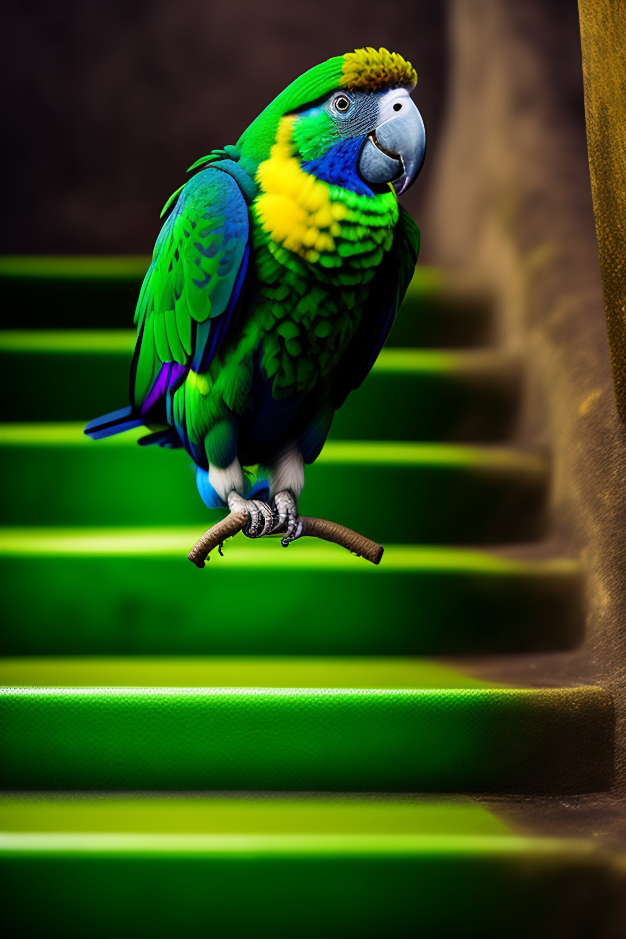 Lexica - Cute green parrot climb stairs