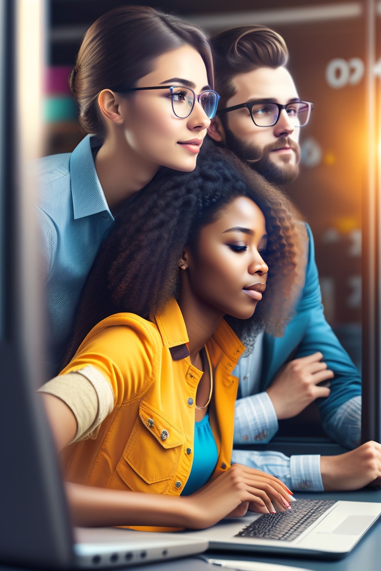 Lexica - 1 young woman and 2 young hipster programers, in classroom ...