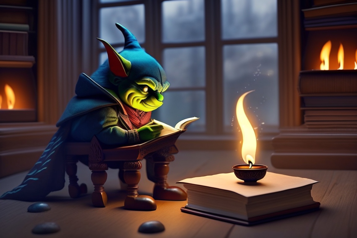 Lexica - Goblin sitting in a chair behind a desk in a library near a ...