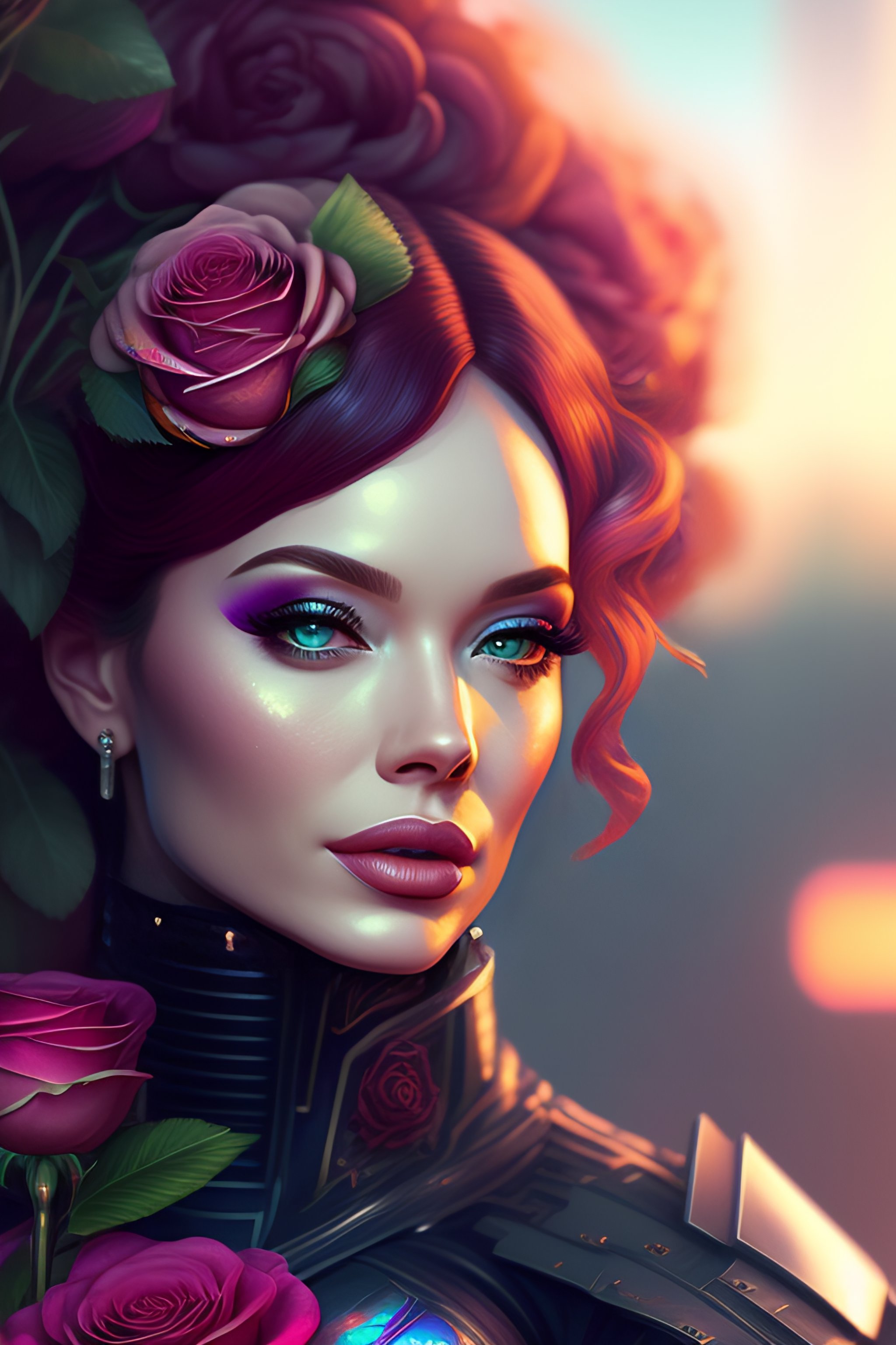 Lexica - Portrait of christina hendricks with roses, cyberpunk cyborg ...