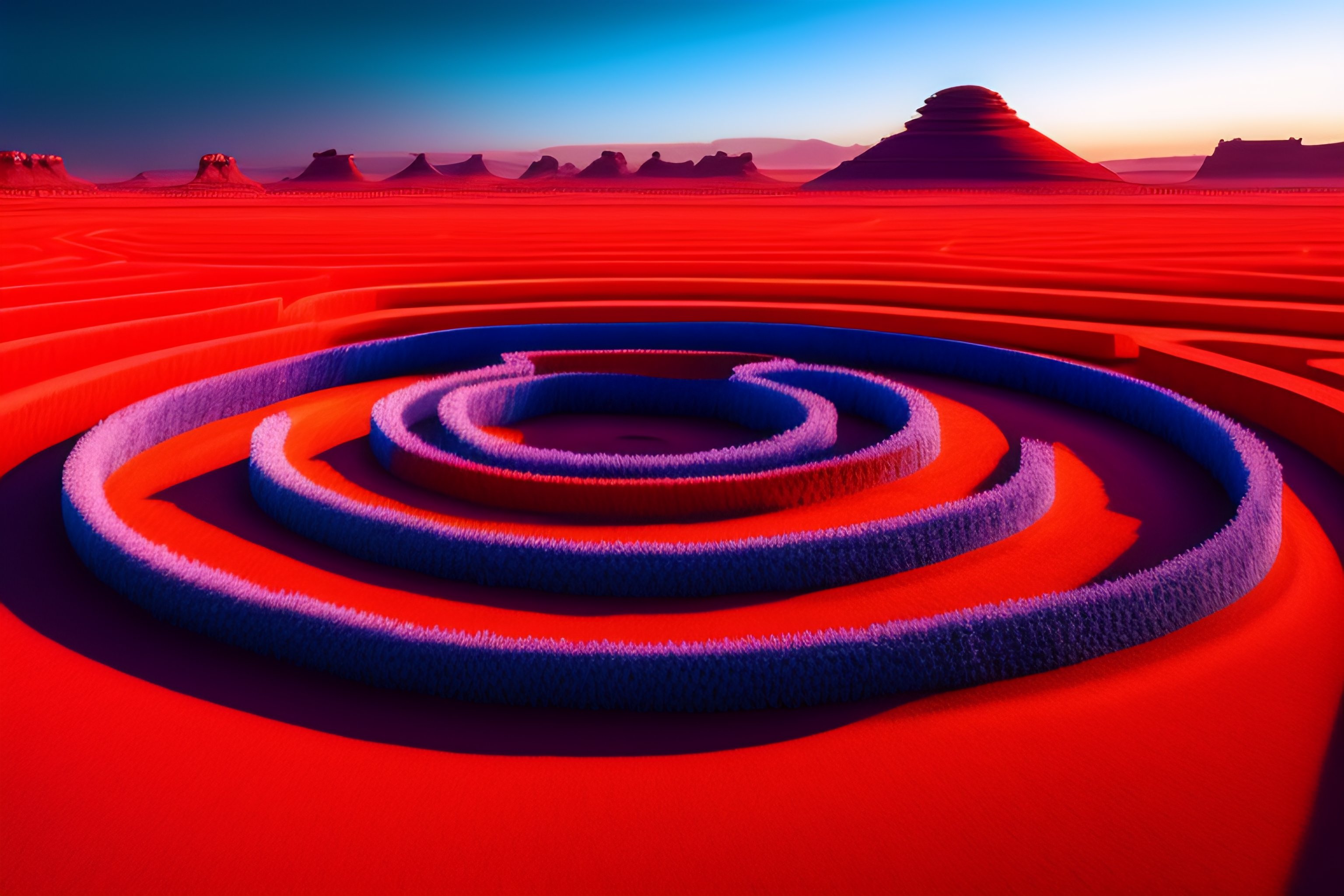 Lexica - Landscape of a labyrinth with someone inside, 8k resolution, red, blue sky