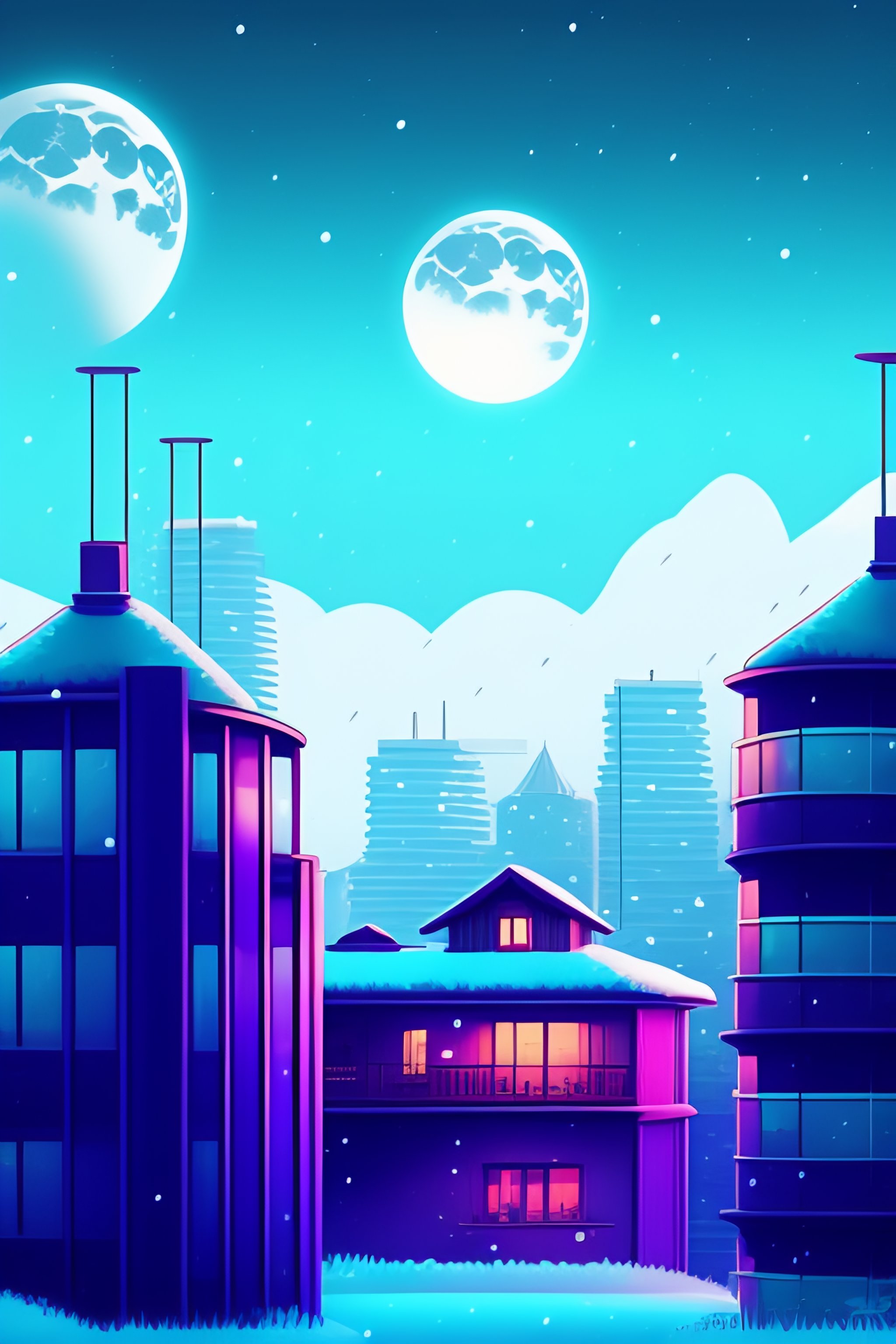 Lexica - Cartoon, digital art, LO-FI style, buildings, full moon, bue ...