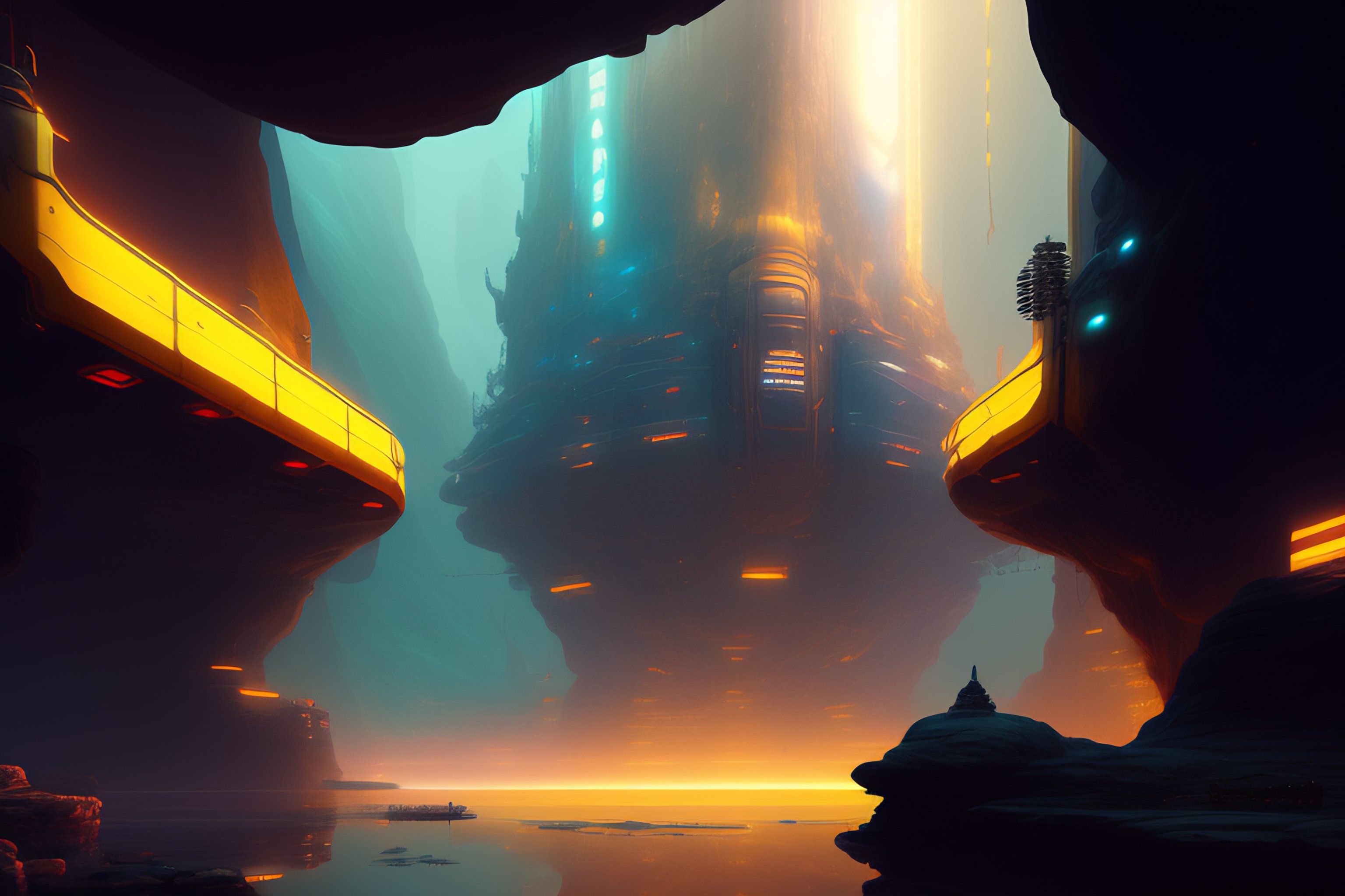 Lexica - A painting of a sci - fi cyberpunk cave full of technology by ...