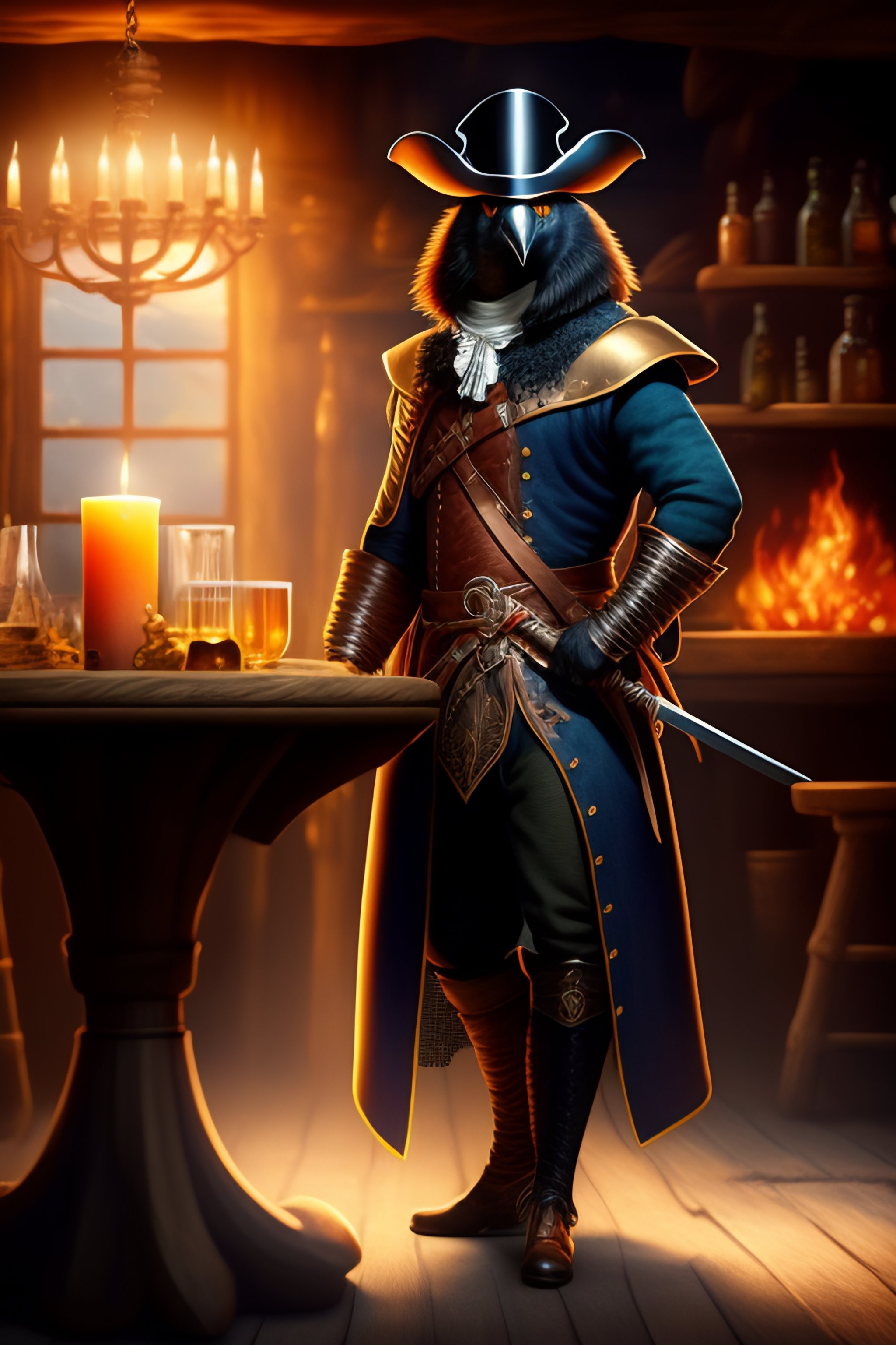 Lexica - A crow with a fencing sword, in pirate clothes in a tavern