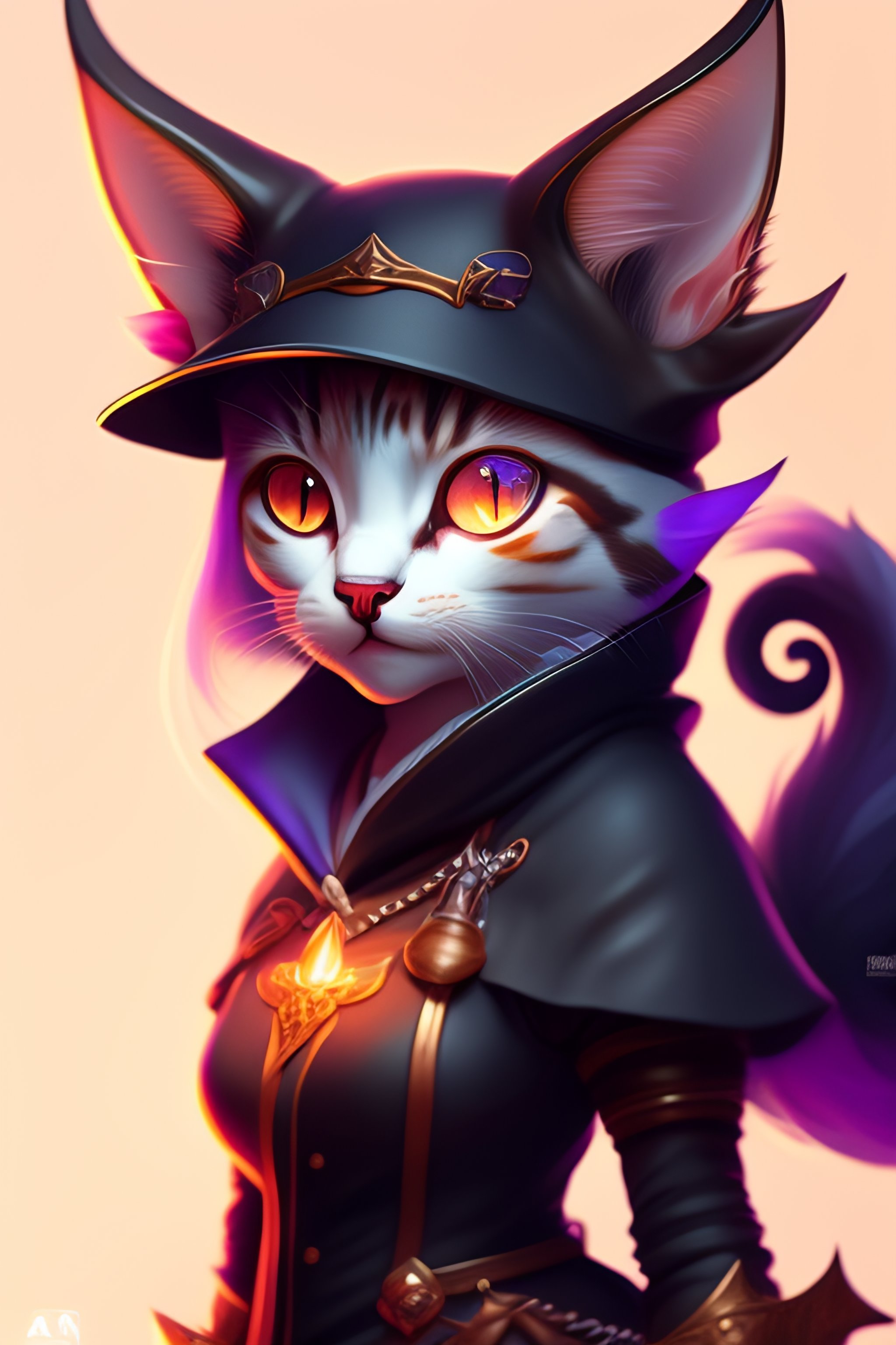 Lexica - Closeup of a cute cat witch with staff cloack and pack, D&D ...