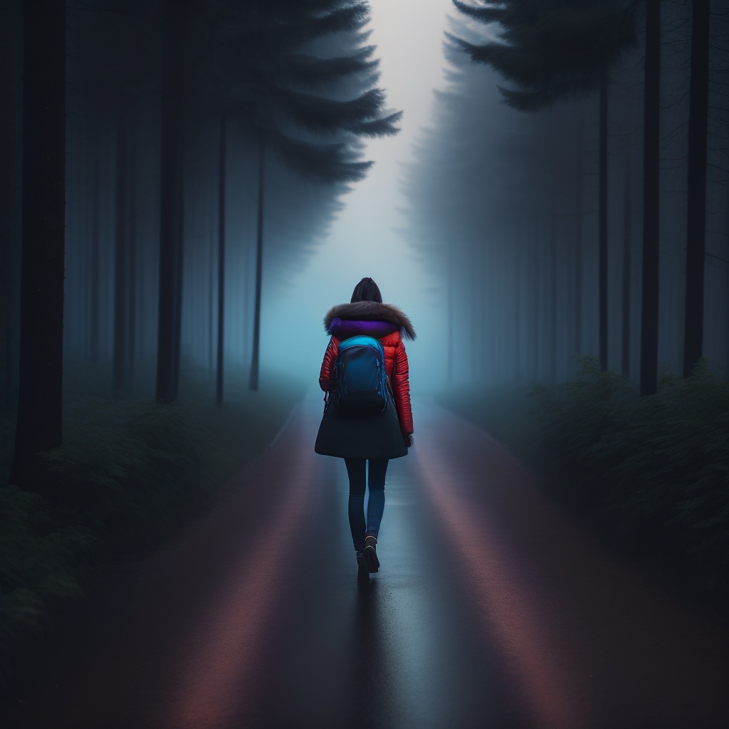 Lexica - An image of a woman walking through a dark and foggy path ...