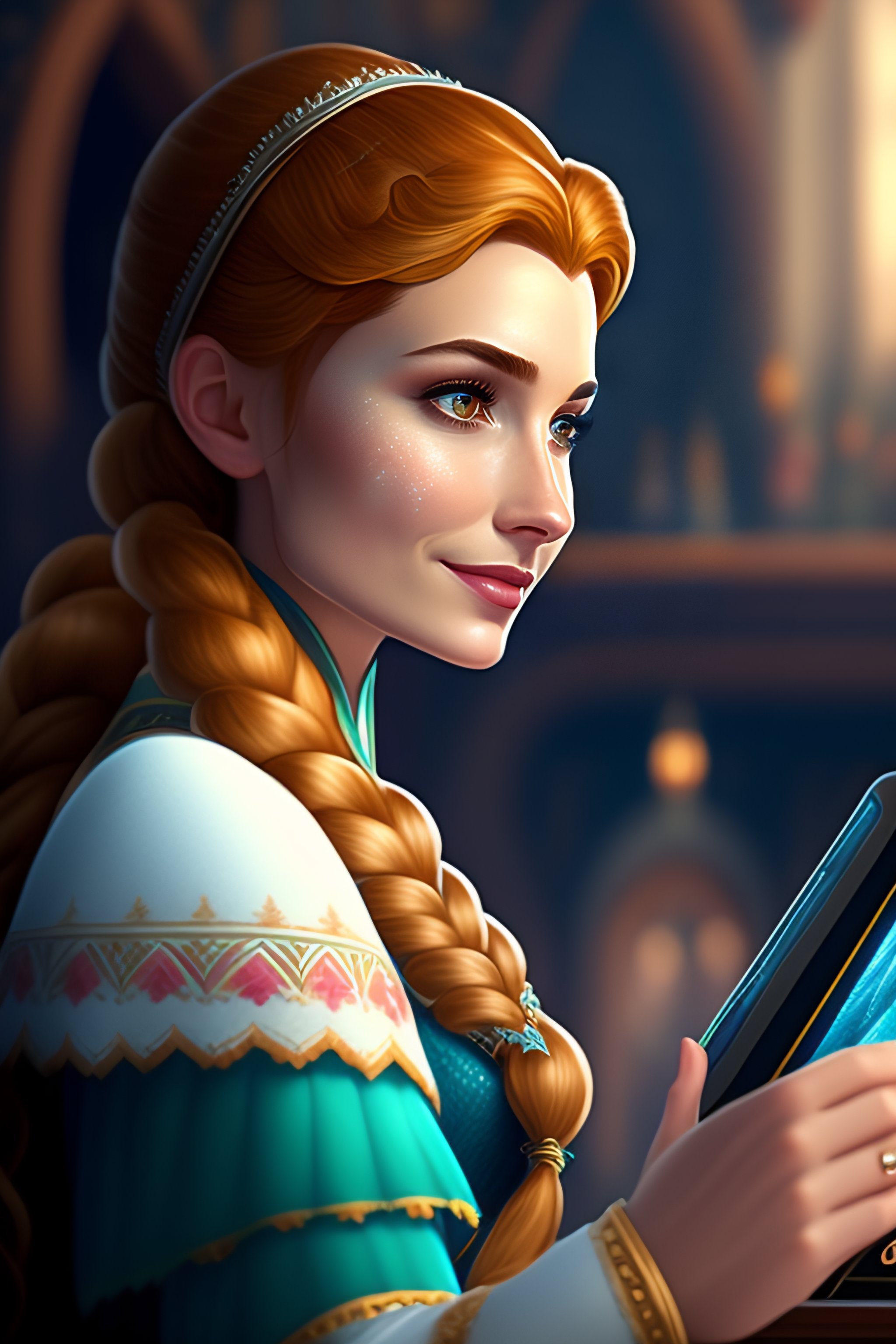 Lexica - Anna of frozen working on a tablet and sitting in the front of ...