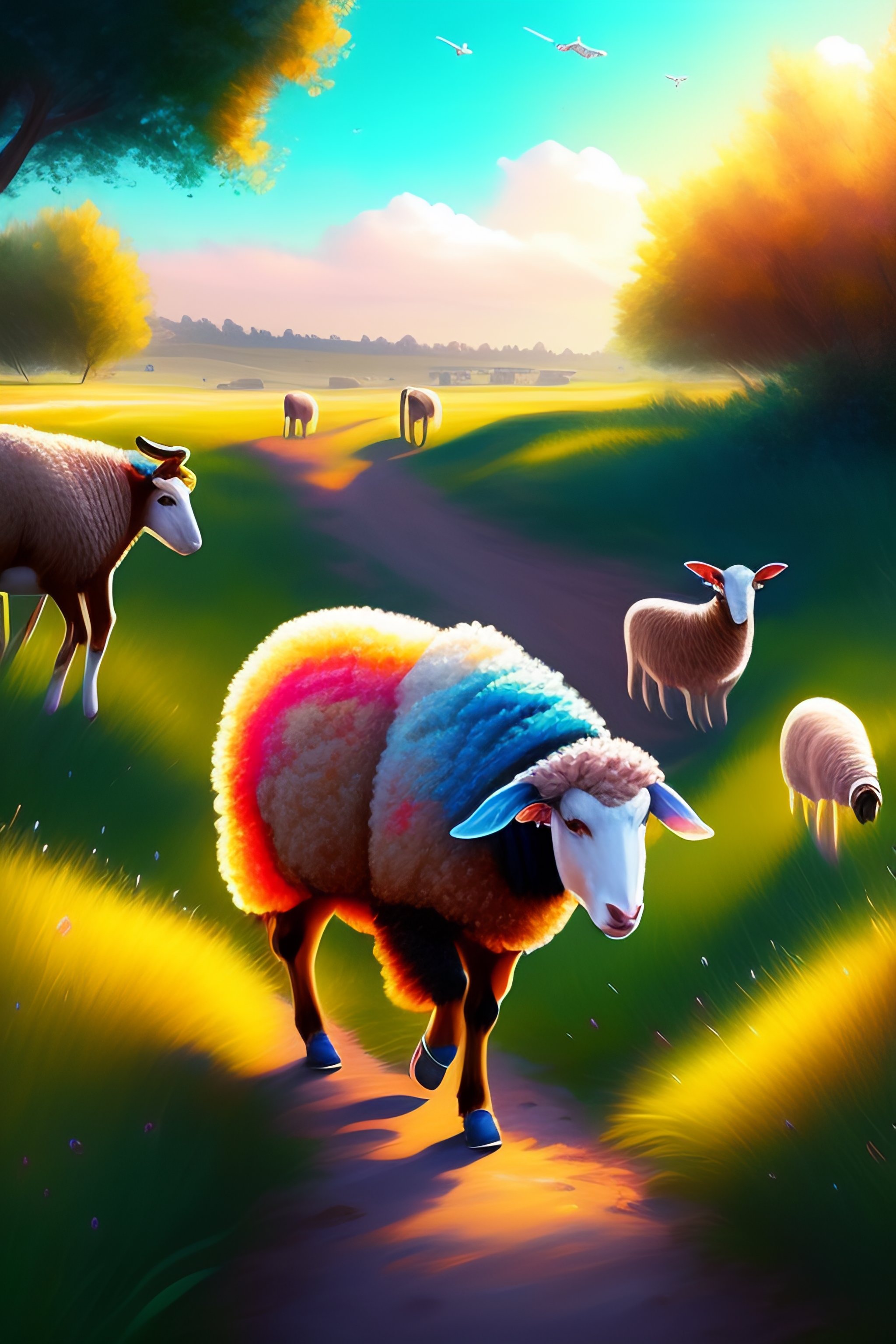 Lexica - Young Shepard running with group of sheep, grazing fields ...