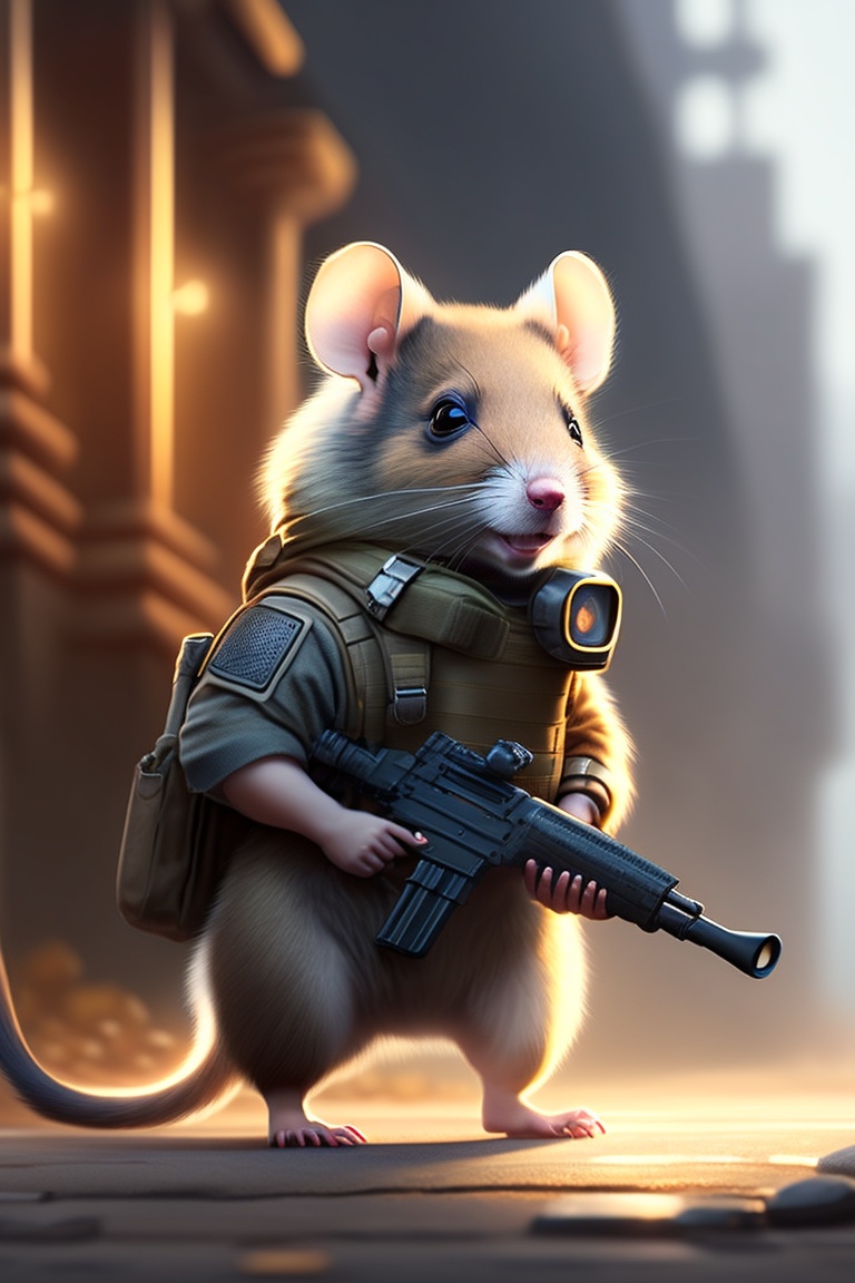 Lexica - A military rat with a machine gun walking with a baby by an ...