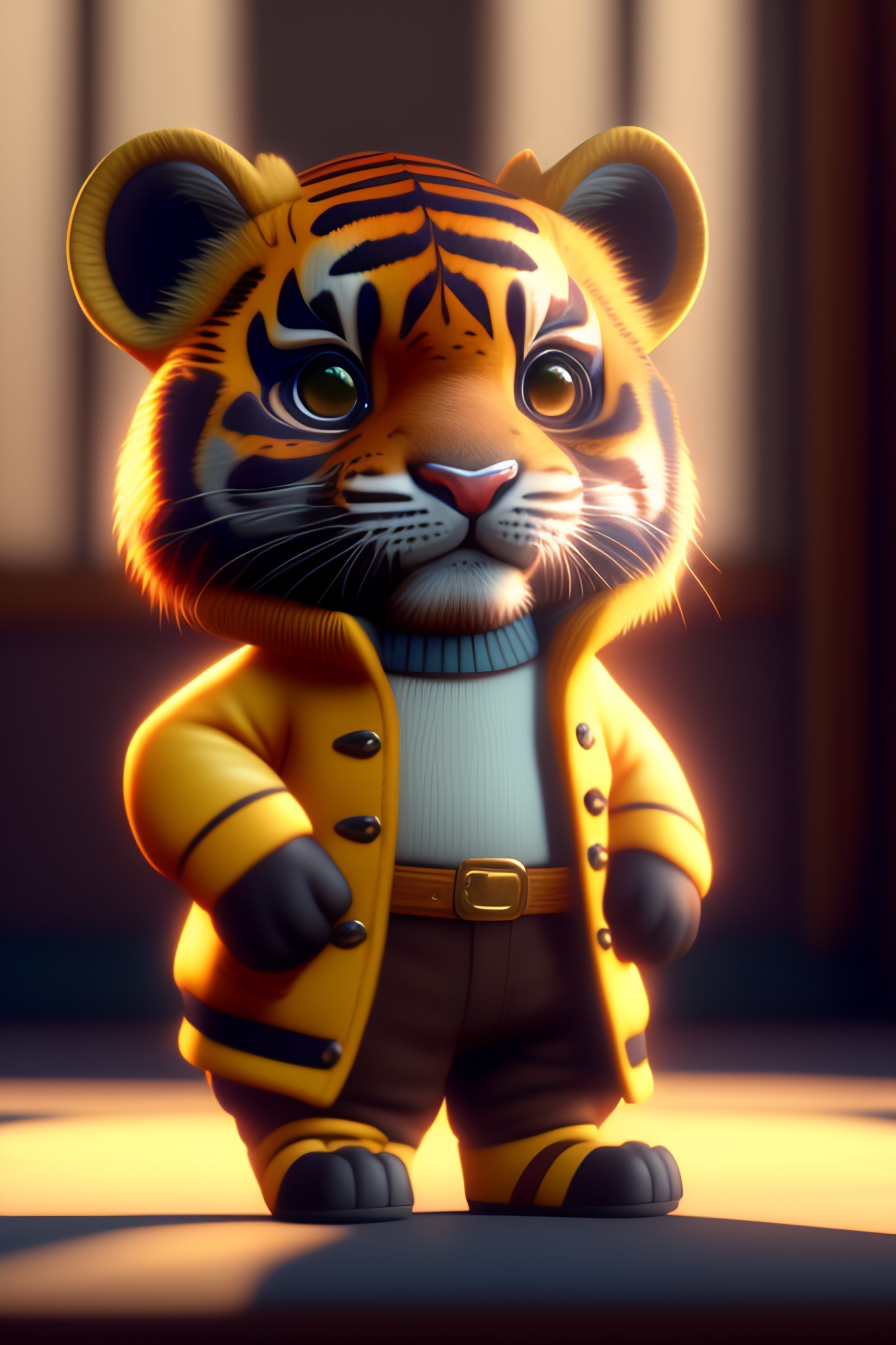 Lexica - Cute small tiger standing on 2 feet on theater wearing ...