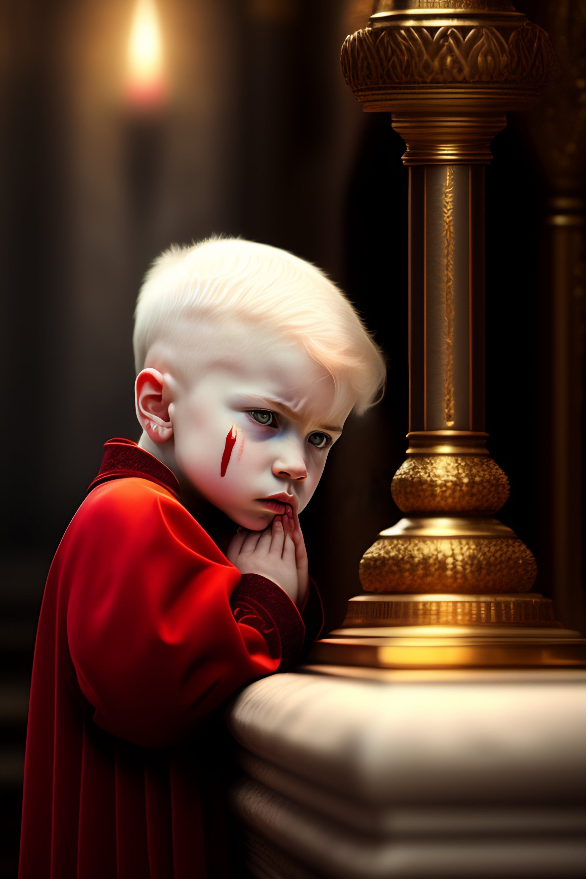 Lexica - Sad looking albino vampire female child in a temple sitting on ...