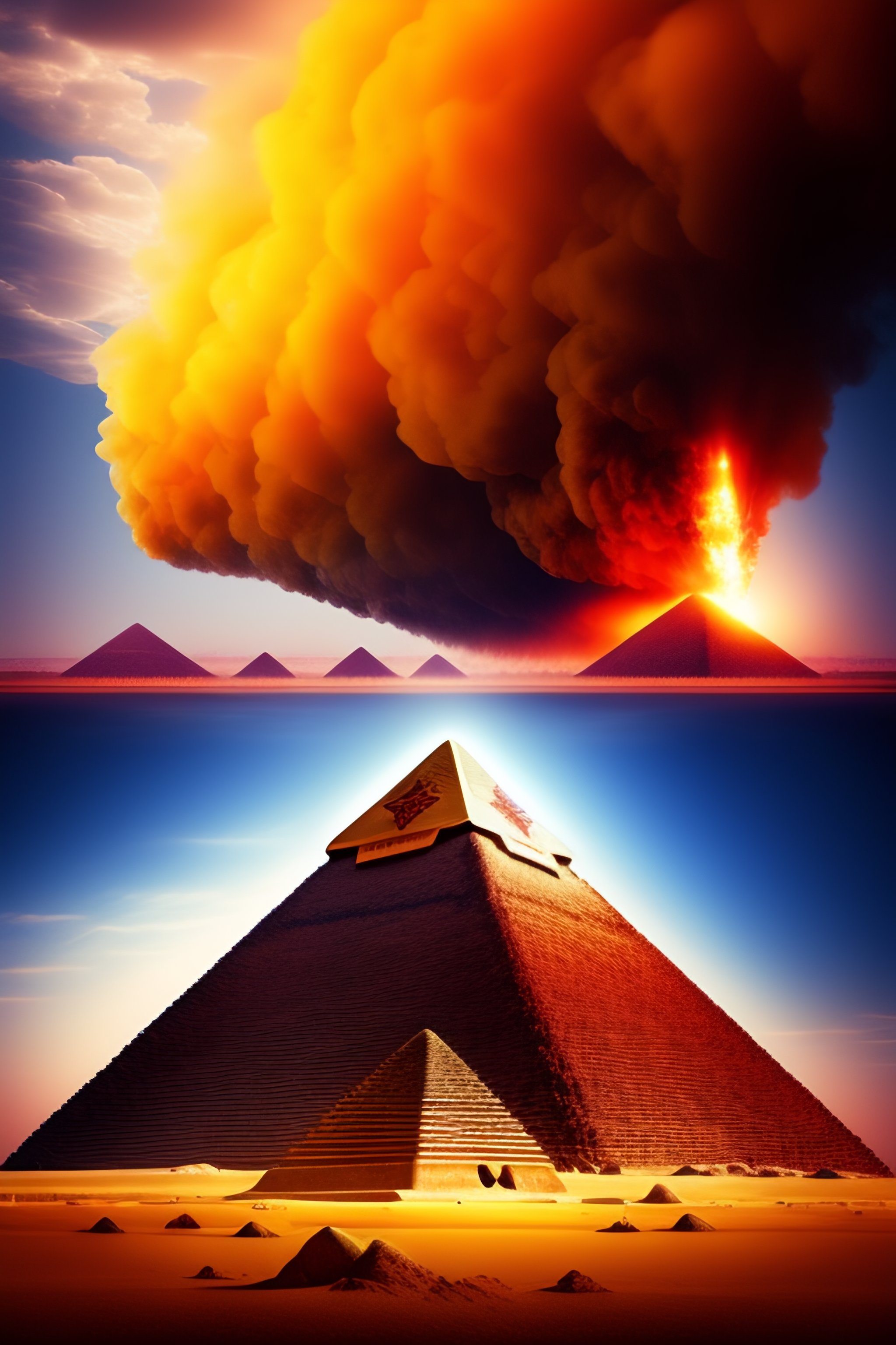 Lexica - Burning spaceship explosion over pyramids egypt